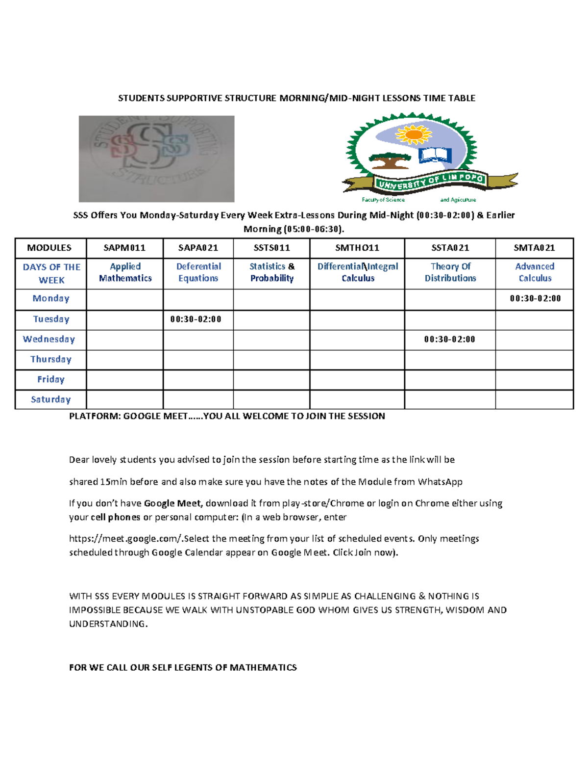 SSS 1st & 2nd Level Mid-classes Time-Table - STUDENTS SUPPORTIVE ...