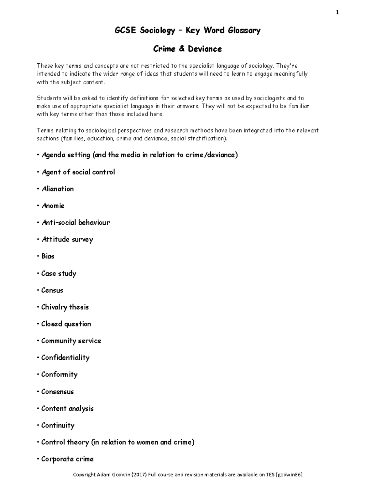 GCSE Sociology Key Word List Crime Deviance - GCSE Sociology 3 Key Word ...