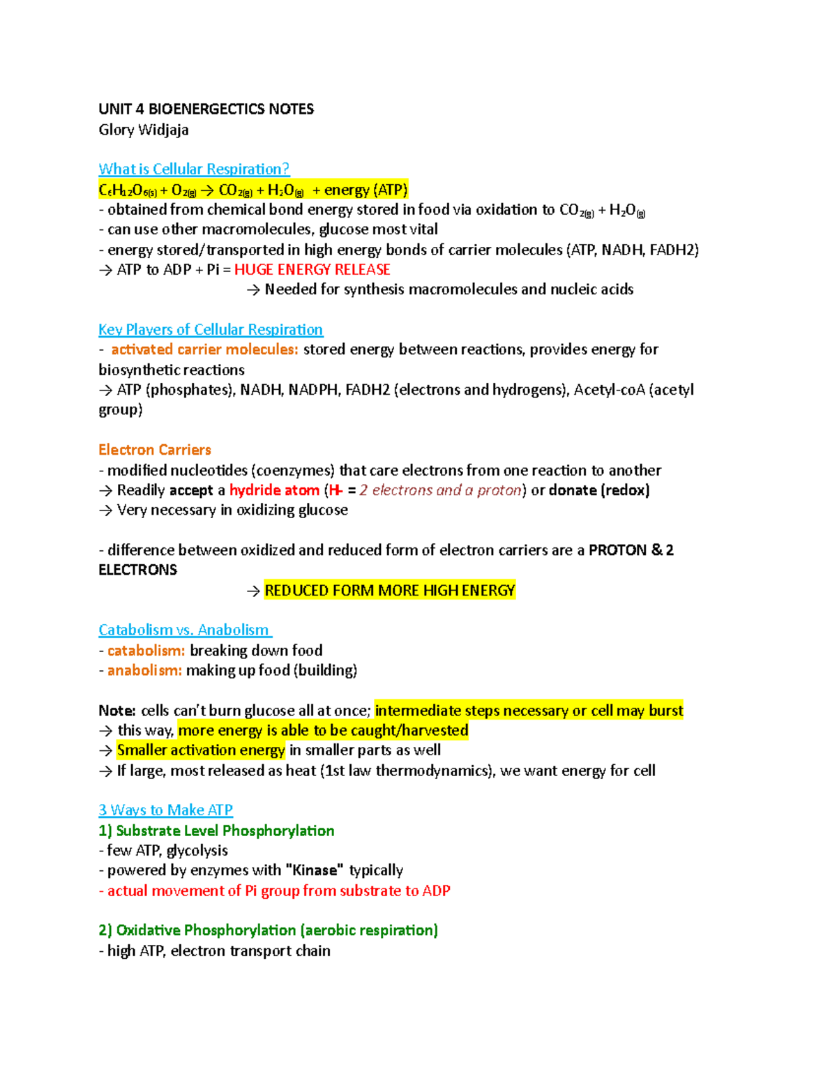 Unit 4 Bioenergectics - notes - UNIT 4 BIOENERGECTICS NOTES Glory ...