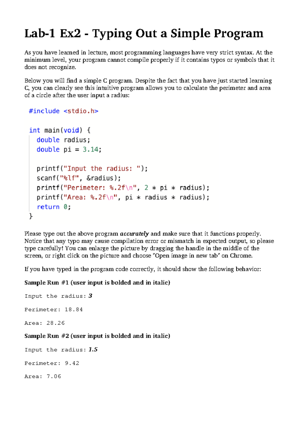Lab01ex02 - Lab Ex - Lab-1 Ex2 - Typing Out a Simple Program As you have learned in lecture ...