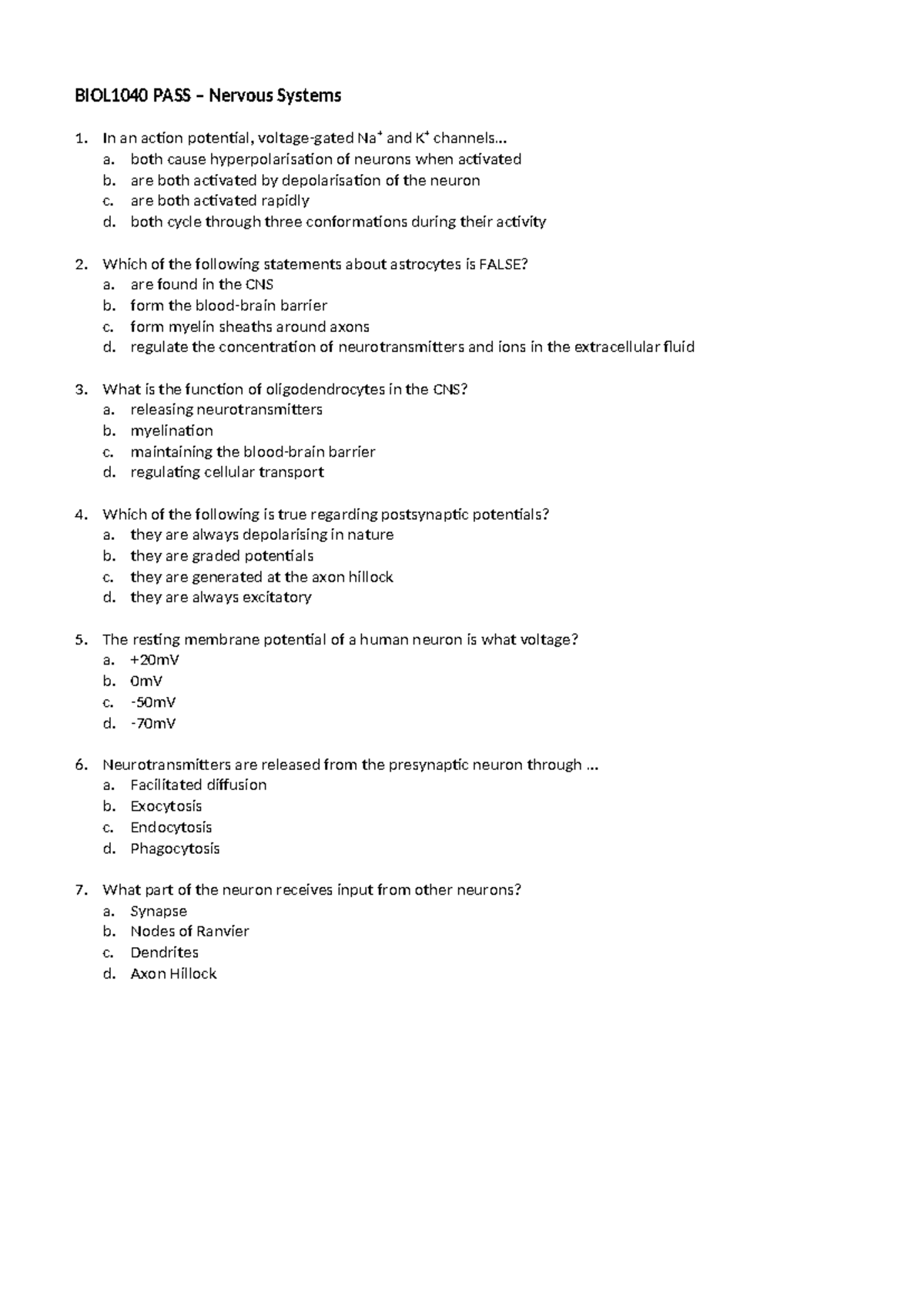 M2 - Worksheet 1 Qs - notes - BIOL1040 PASS – Nervous Systems 1. In an ...