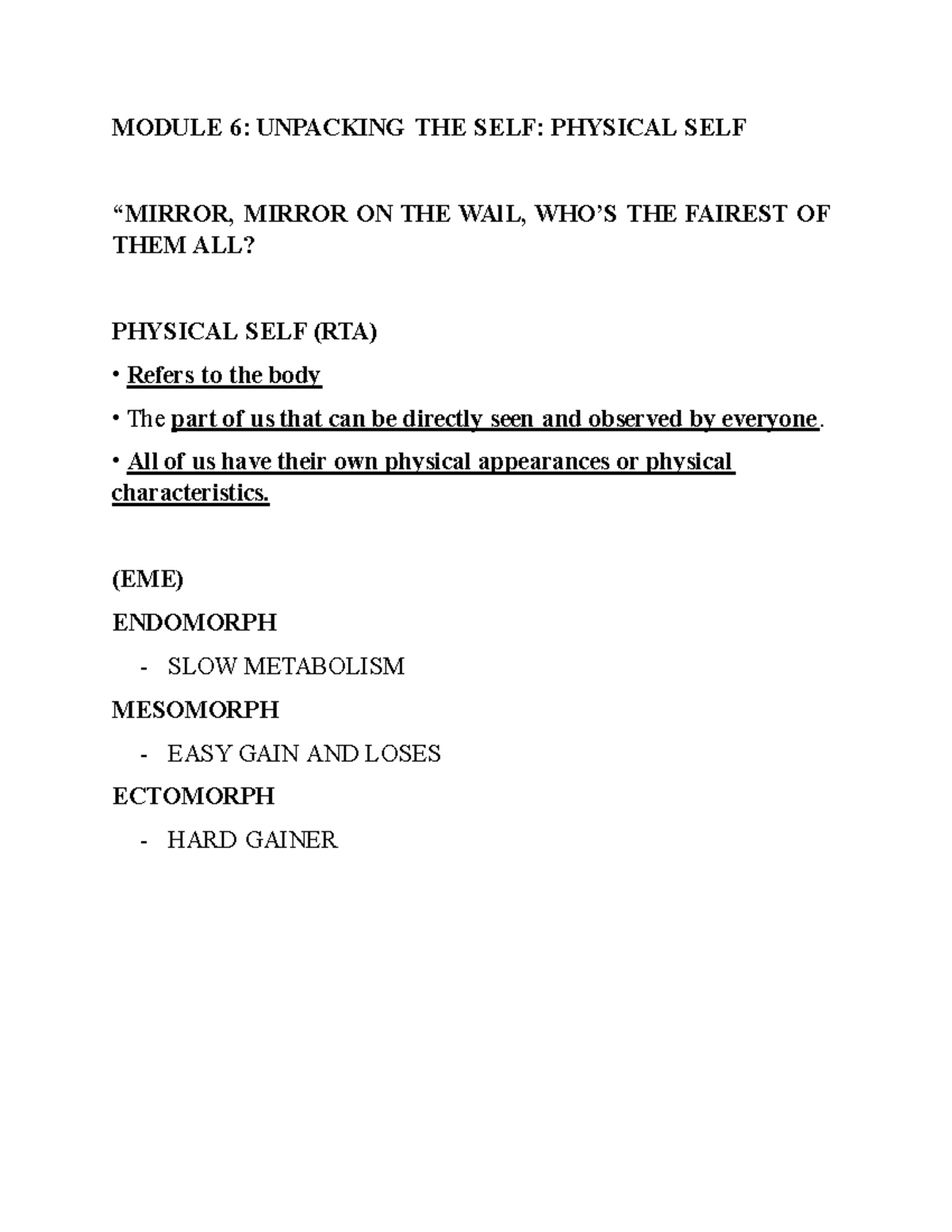 UTS Module 6 AND 9 - MODULE 6: UNPACKING THE SELF: PHYSICAL SELF “MIRROR, MIRROR ON THE WAlL ...