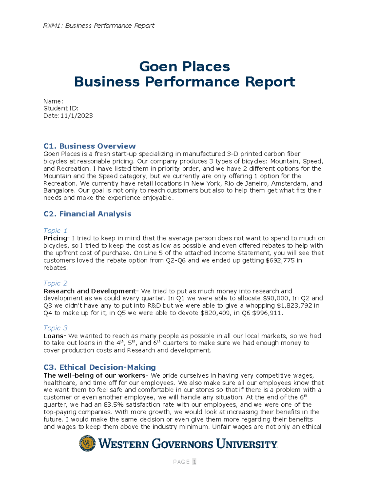 Business Performance Report Task1 - RXM1: Business Performance Report ...