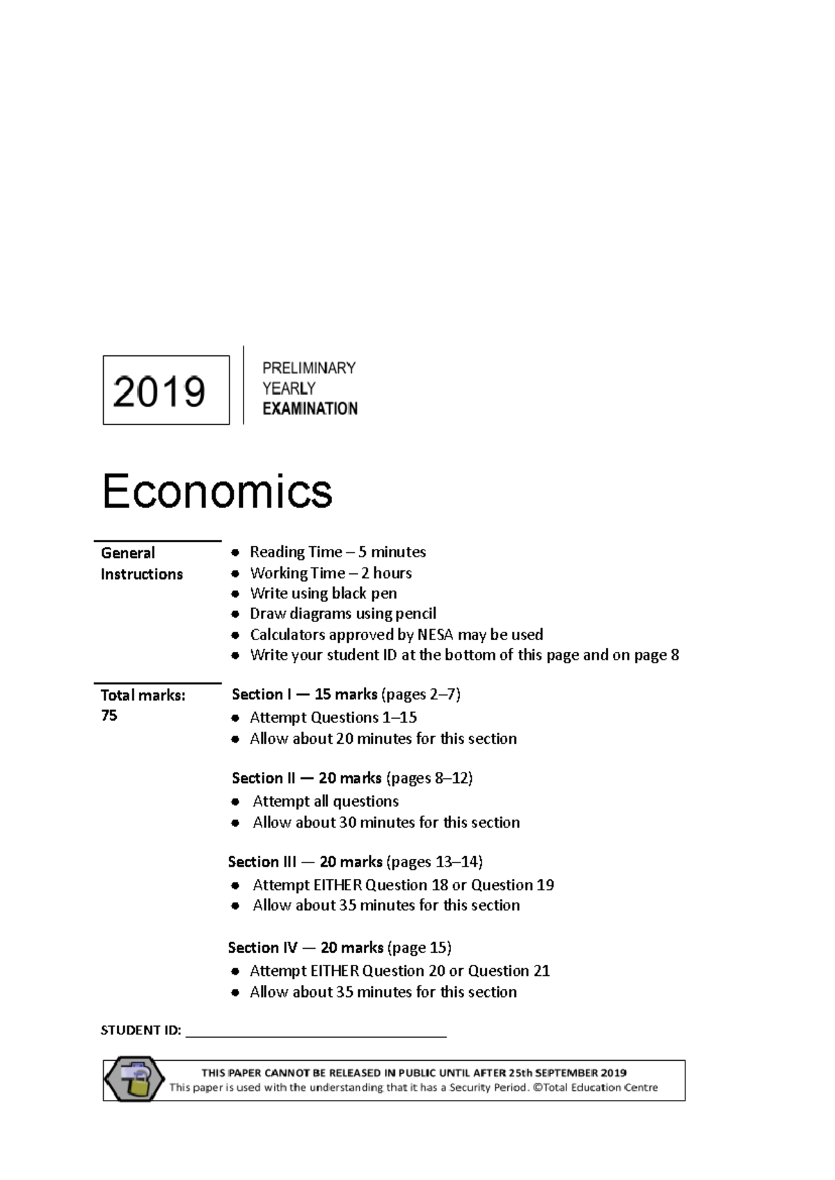2019 Economics Prelim - Economics General Instructions Reading Time – 5 ...