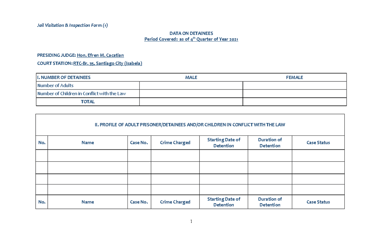 Blank inventory of detainees - Jail Visitation & Inspection Form (1 ...