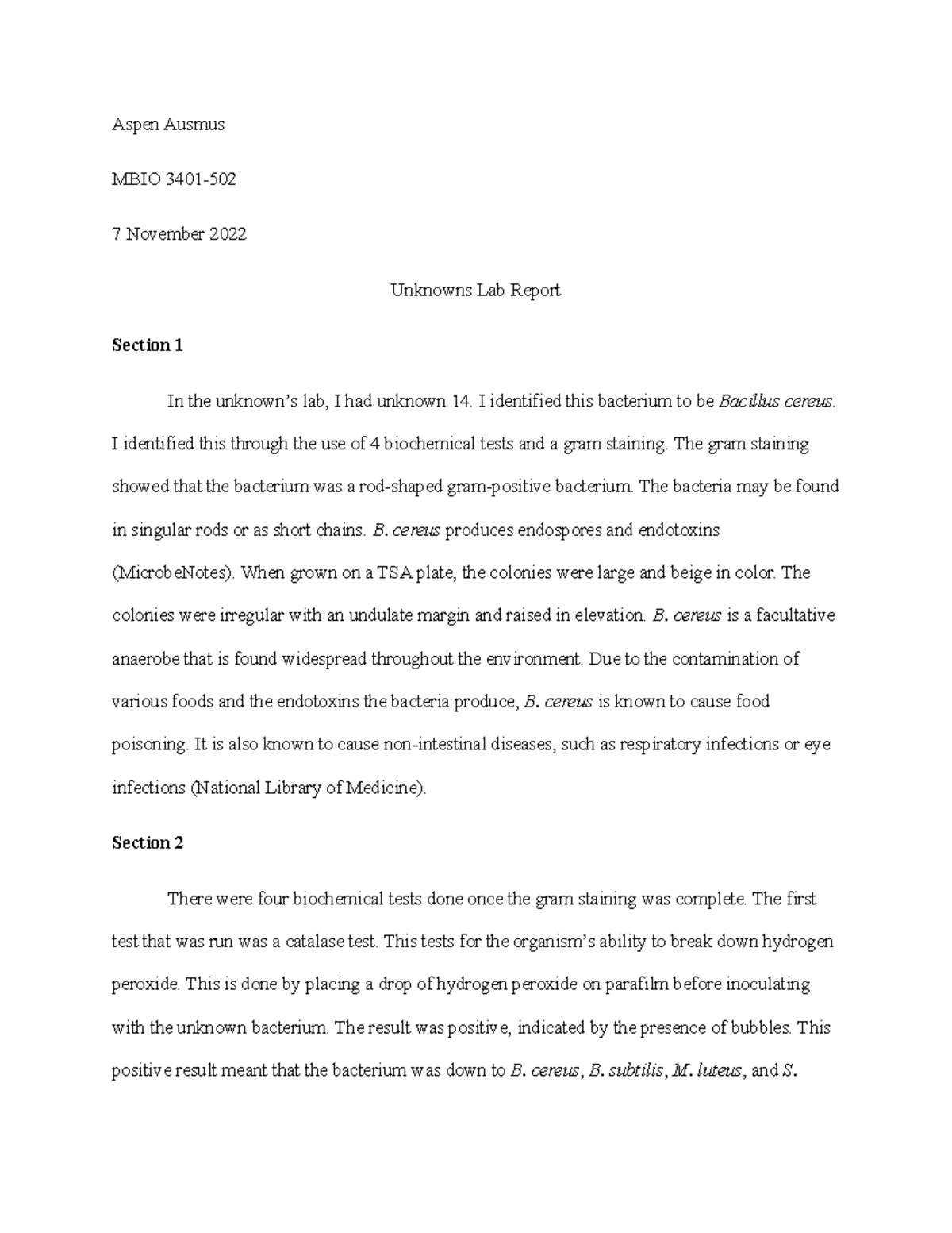 Microbiology Unknown Lab Report - Aspen Ausmus MBIO 3401- 7 November ...