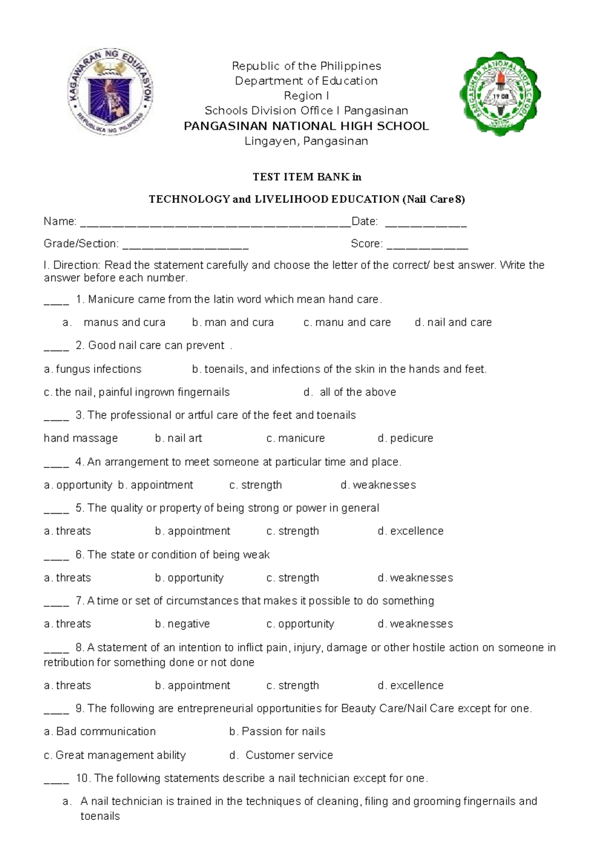 TEST ITEM BANK - TEST ITEM BANK - Republic of the Philippines ...