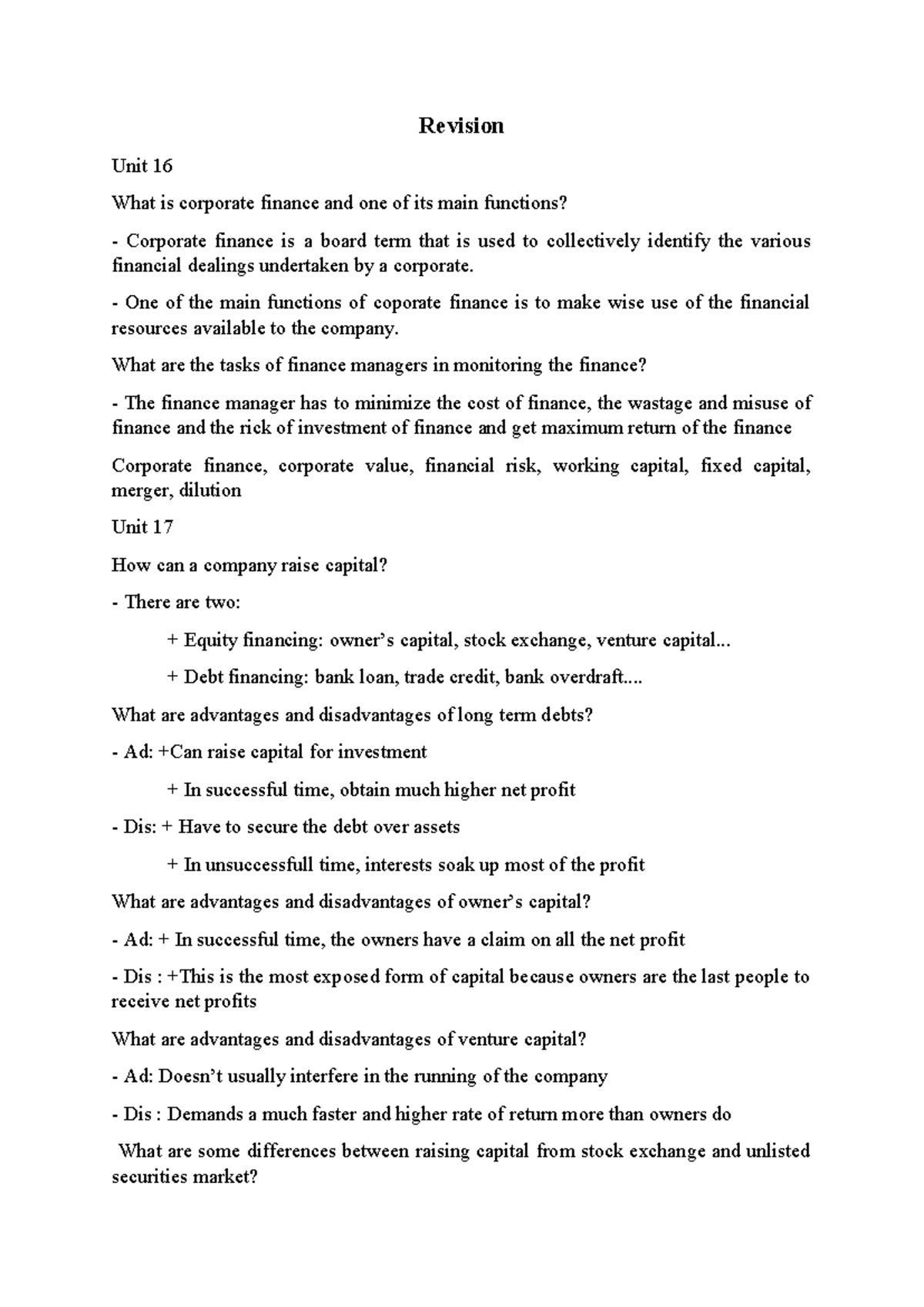 Revision cn2 - Revision Unit 16 What is corporate finance and one of ...