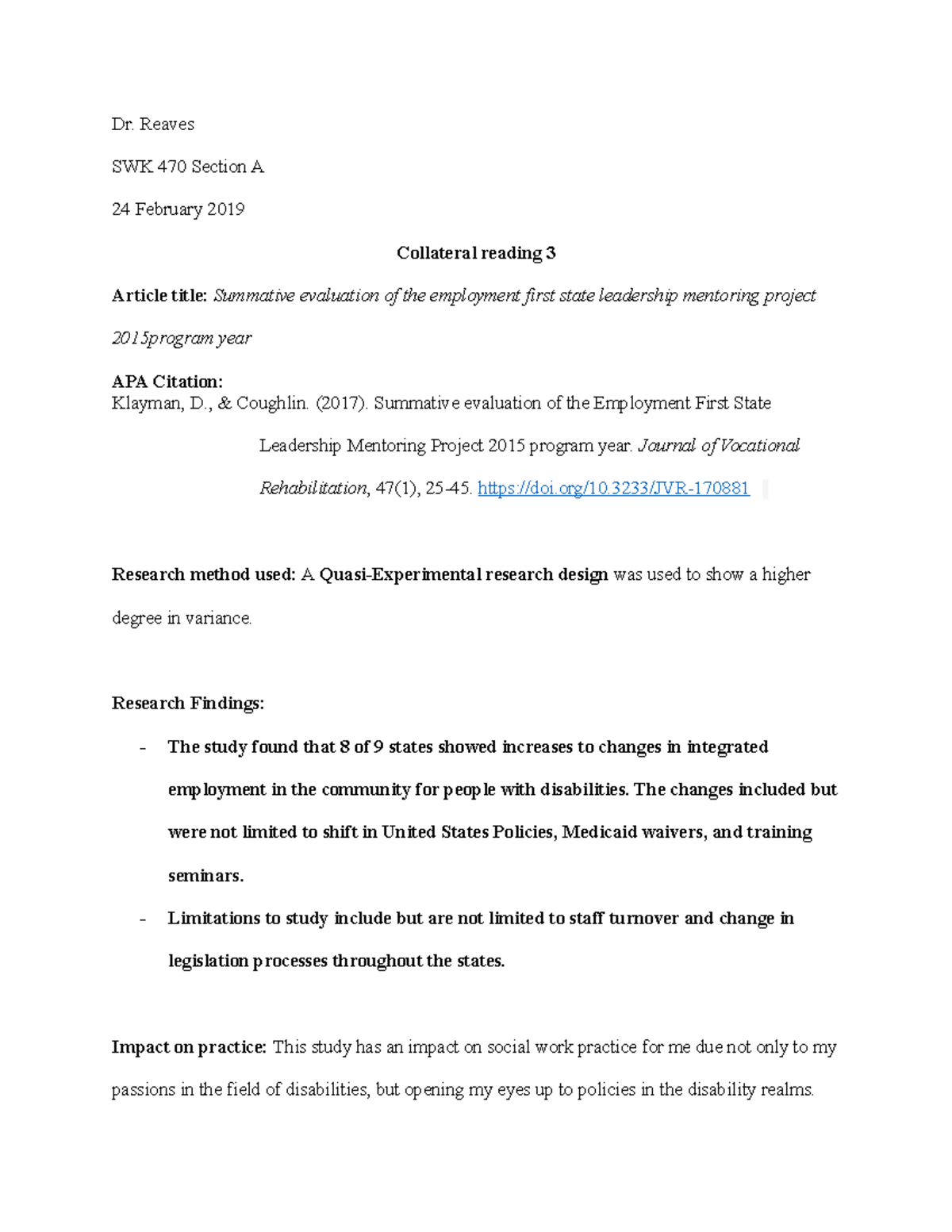 Collateral reading 3 and 4 - Dr. Reaves SWK 470 Section A 24 February ...