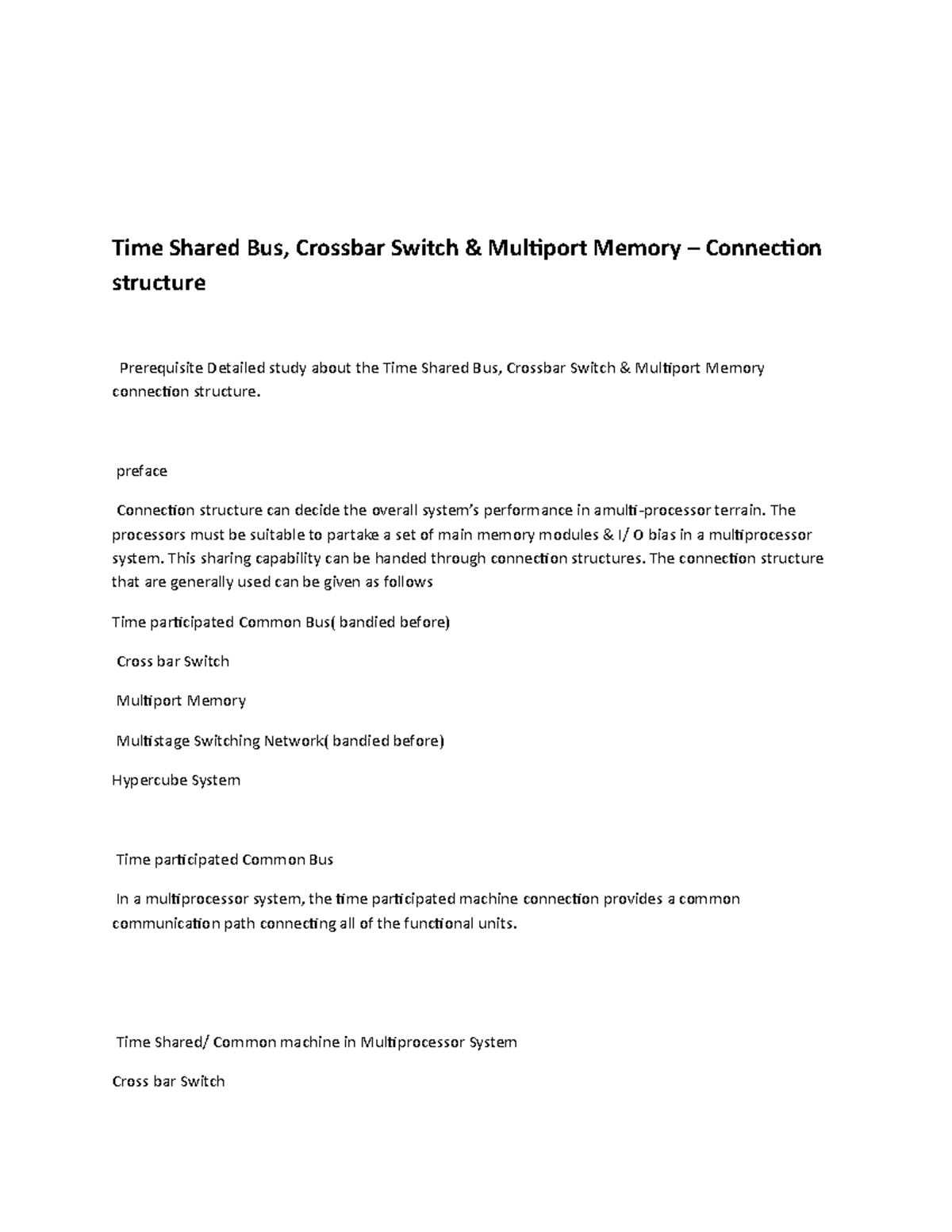 Time Shared Bus Crossbar Switch And Multiport Memory Connection Structure Preface Connection