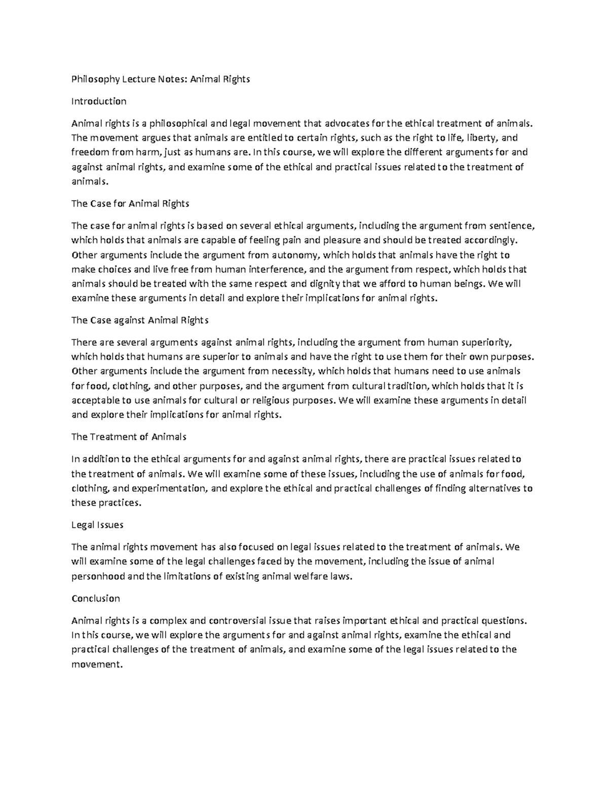 Phil notes - Philosophy Lecture Notes: Animal Rights Introduction ...