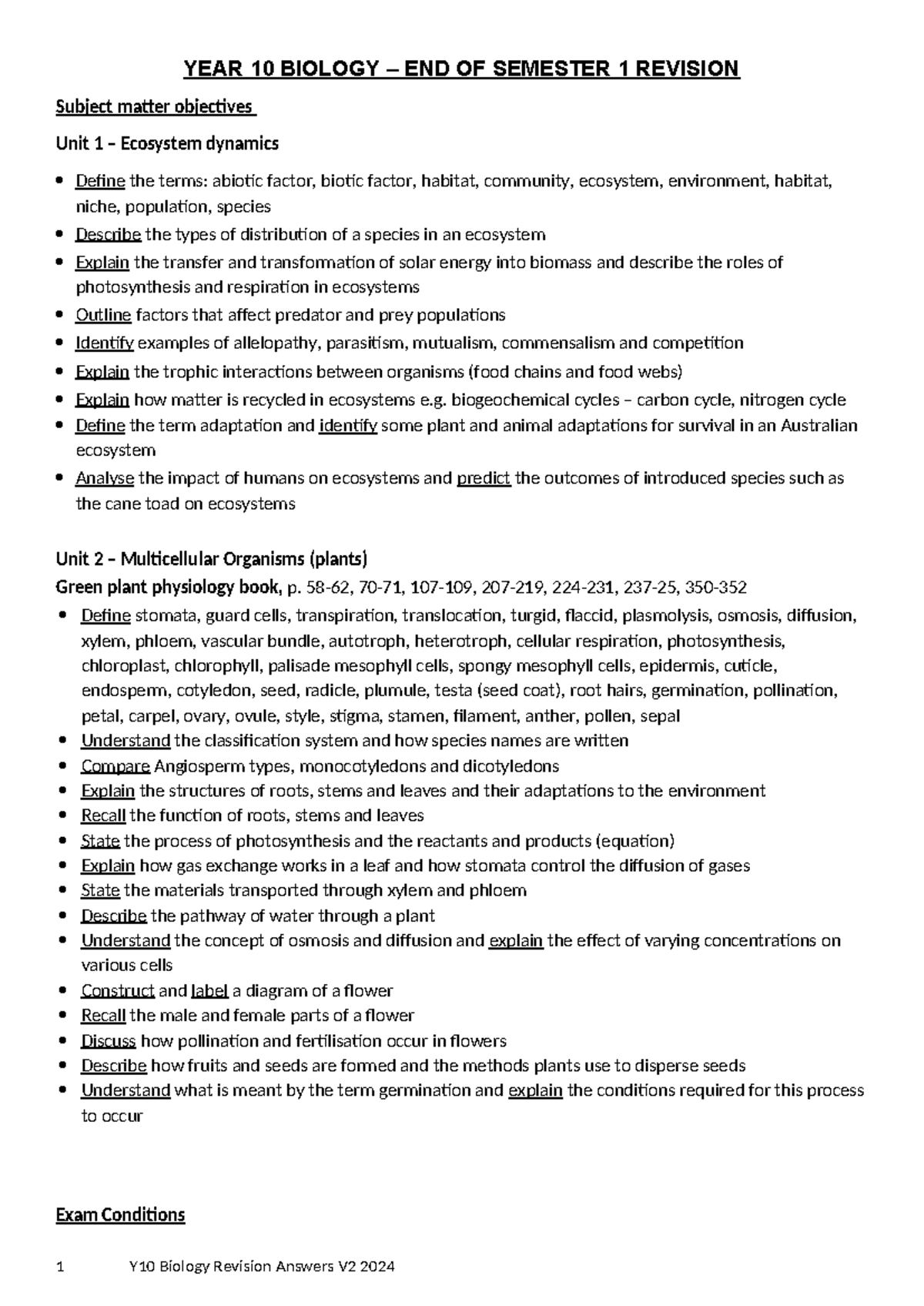 10BIO Semester 1 Revision Answers 2024 - YEAR 10 BIOLOGY – END OF ...
