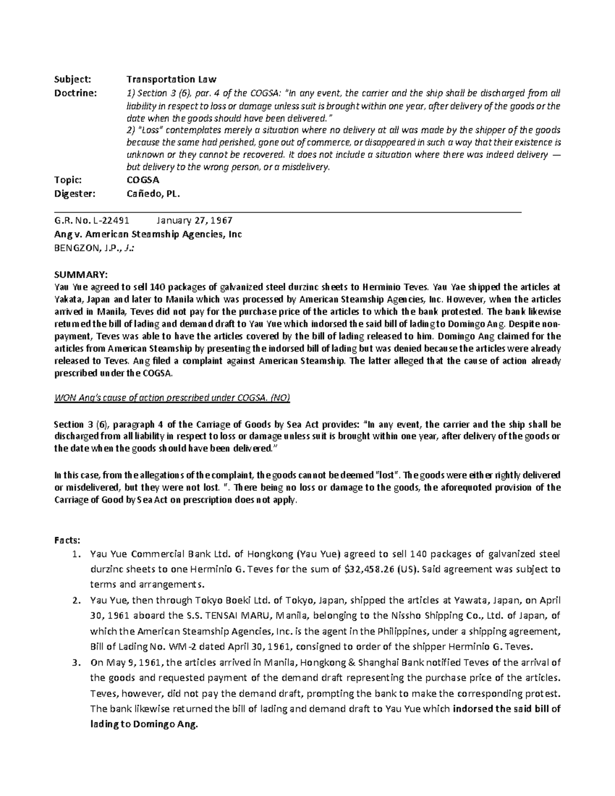 Ang v. American Steamship Agencies, Inc - Subject: Transportation Law ...