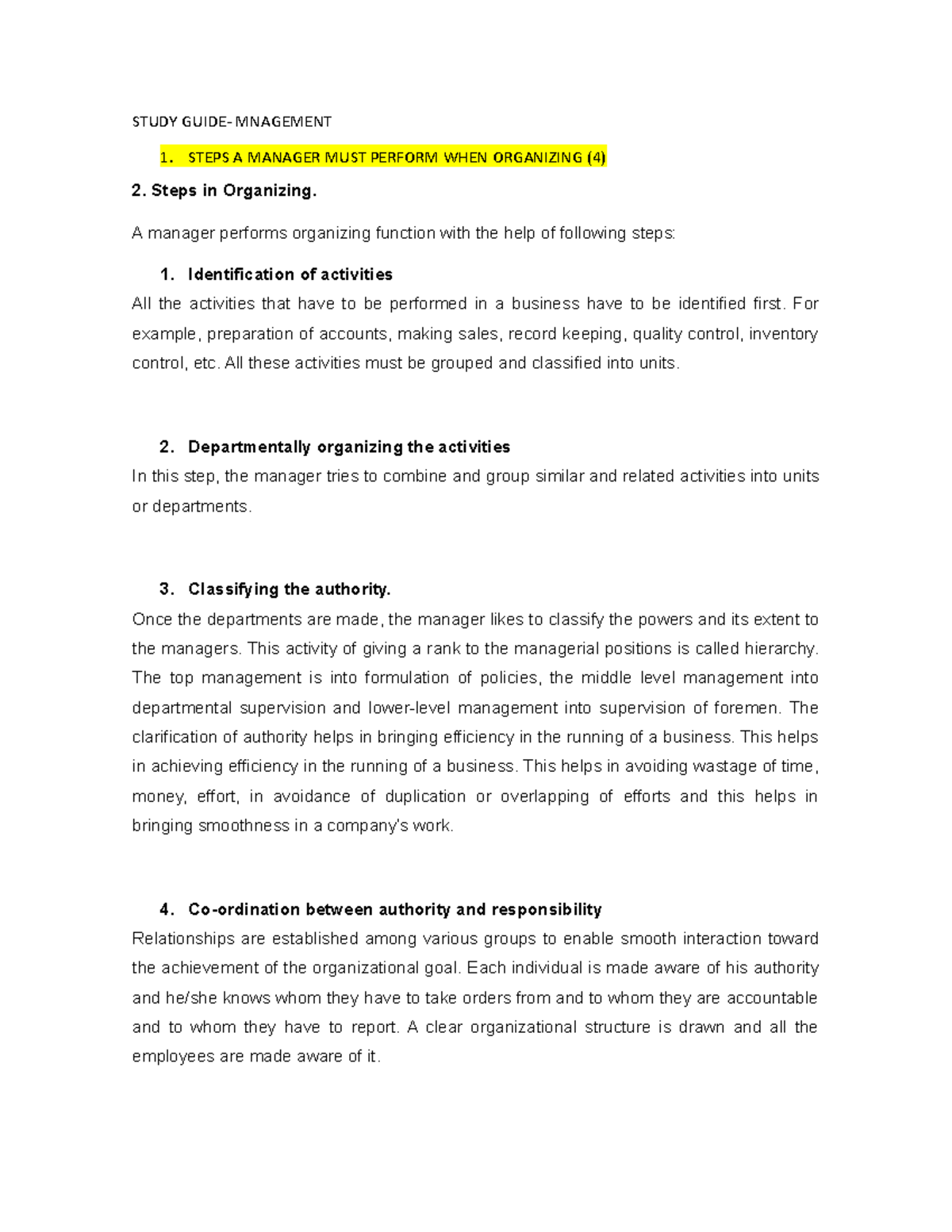 Study Guide Management - STUDY GUIDE- MNAGEMENT 1. STEPS A MANAGER MUST ...