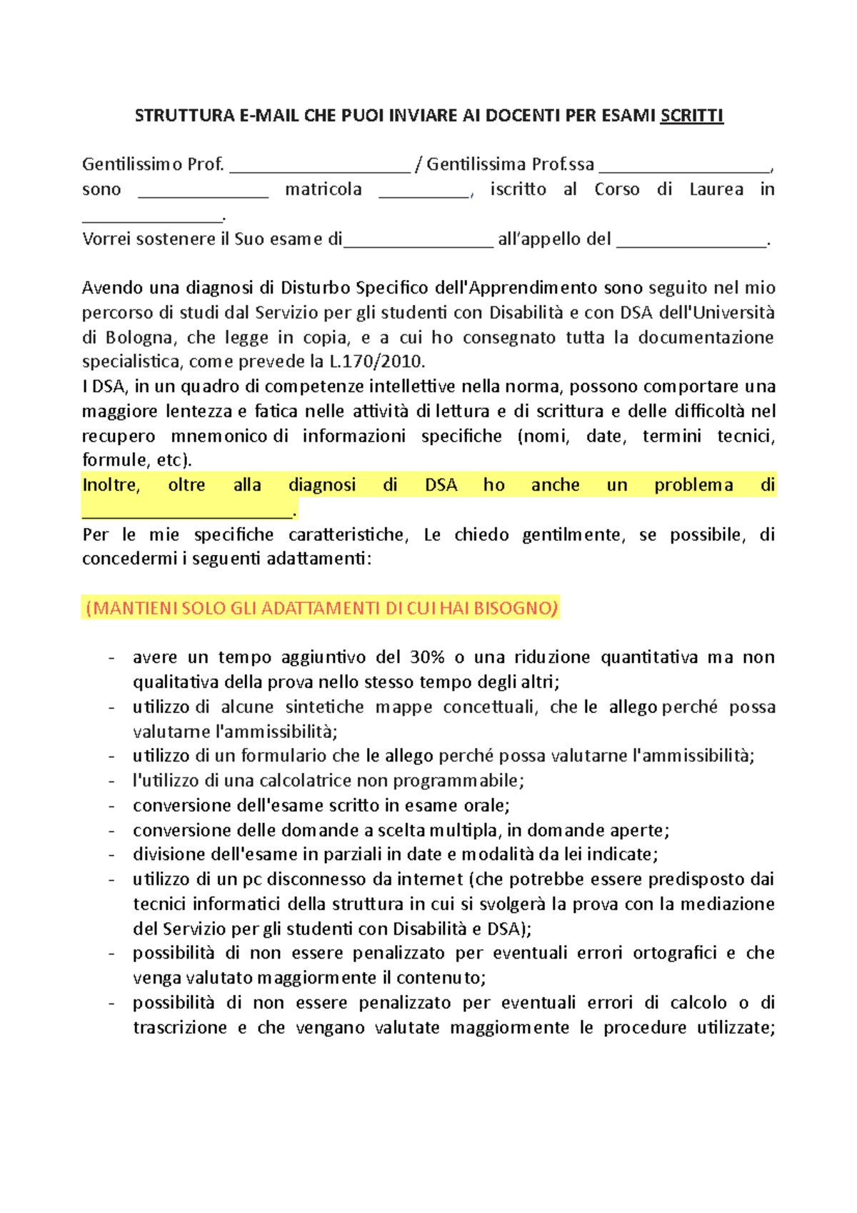 Bozza mail studenti con dsa - STRUTTURA E-MAIL CHE PUOI INVIARE AI ...