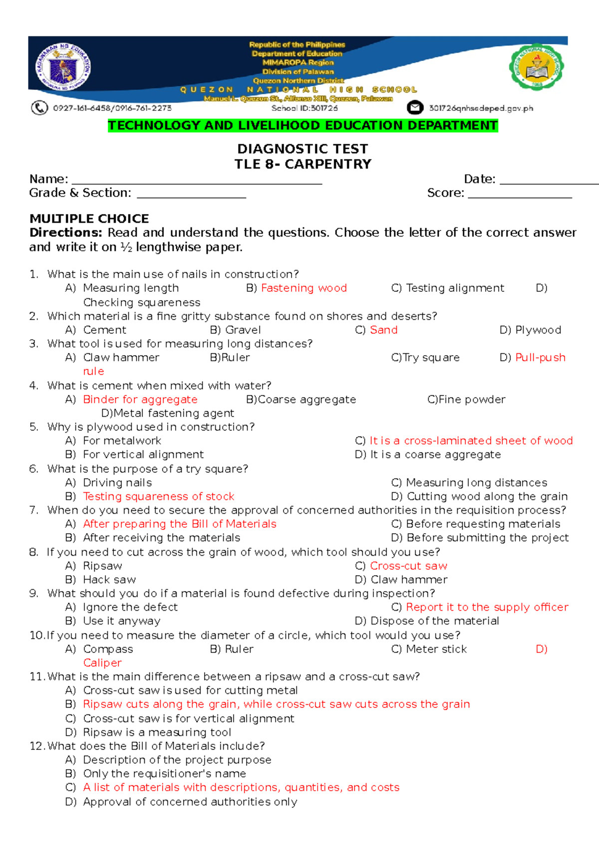 Answer Key Diagnostic TEST IN TLE-Carpentry - Copy - TECHNOLOGY AND ...