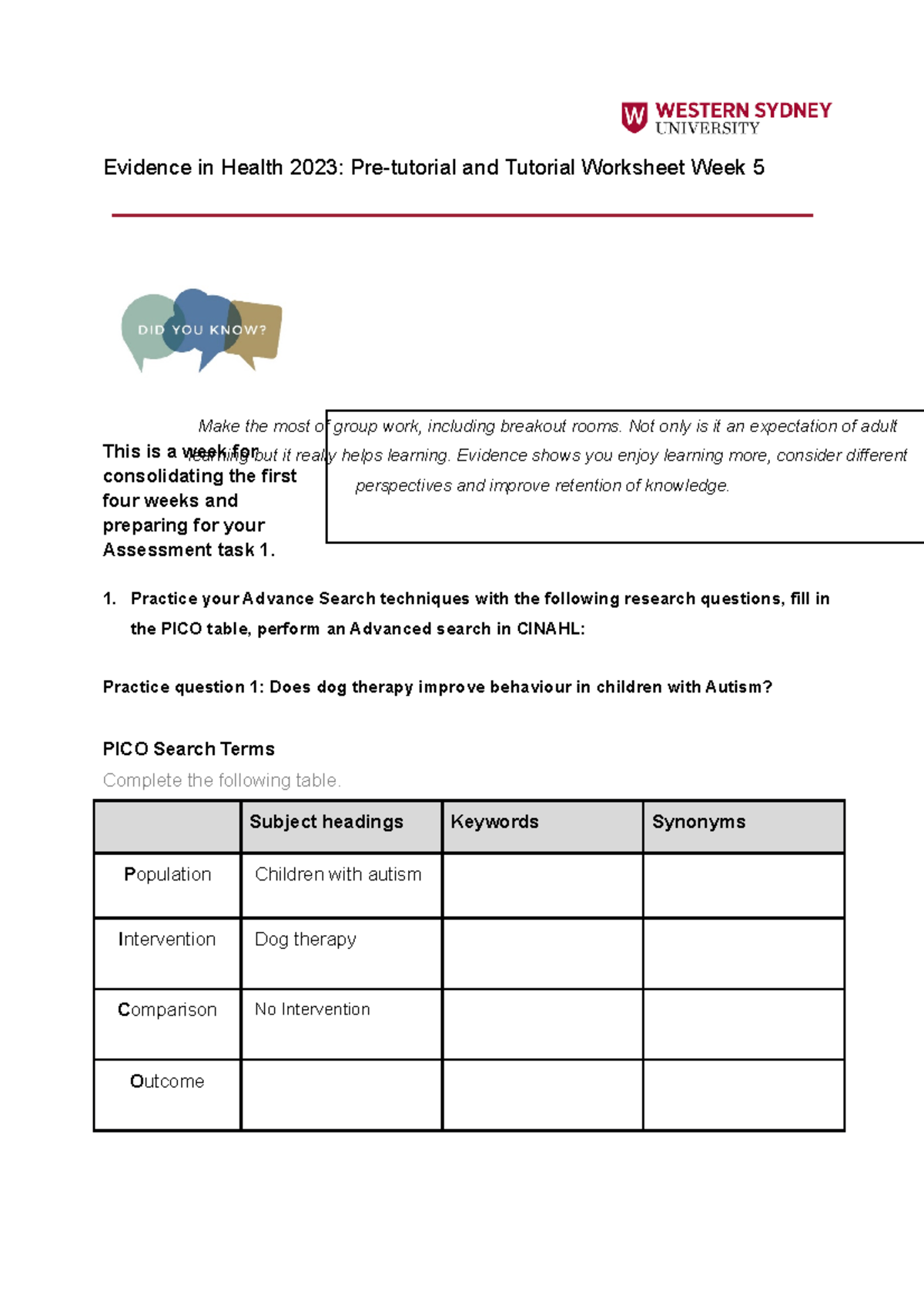 EIH Pre-Tutorial Week 05 AMS - Evidence in Health 2023: Pre-tutorial and Tutorial Worksheet Week ...