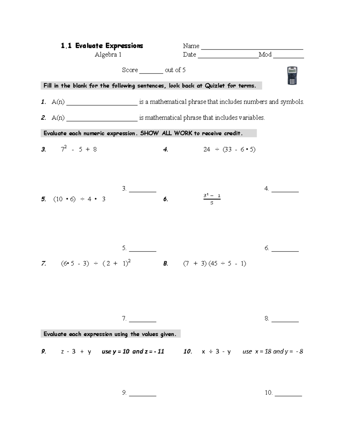 woodworkingenvironmental - 1 Evaluate Expressions Name ...