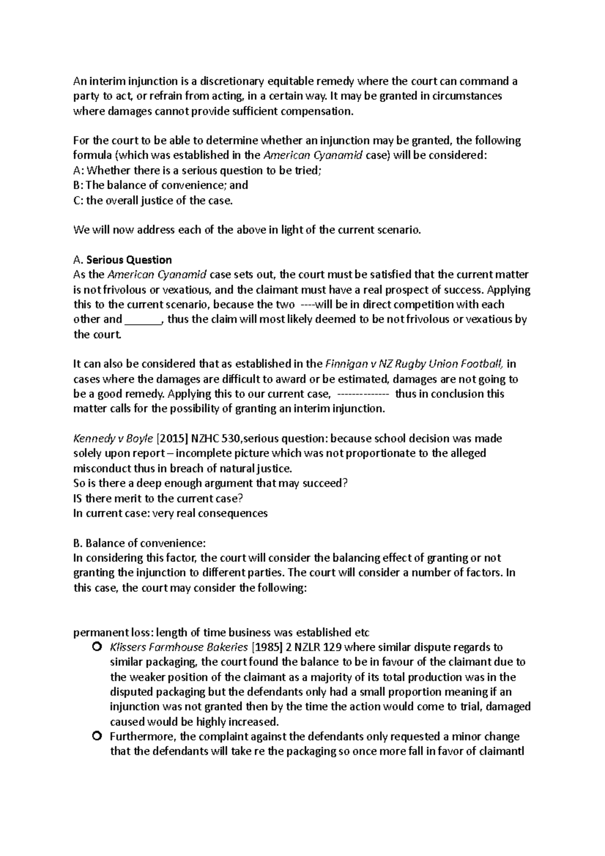 Injunctions draft answer - An interim injunction is a discretionary ...