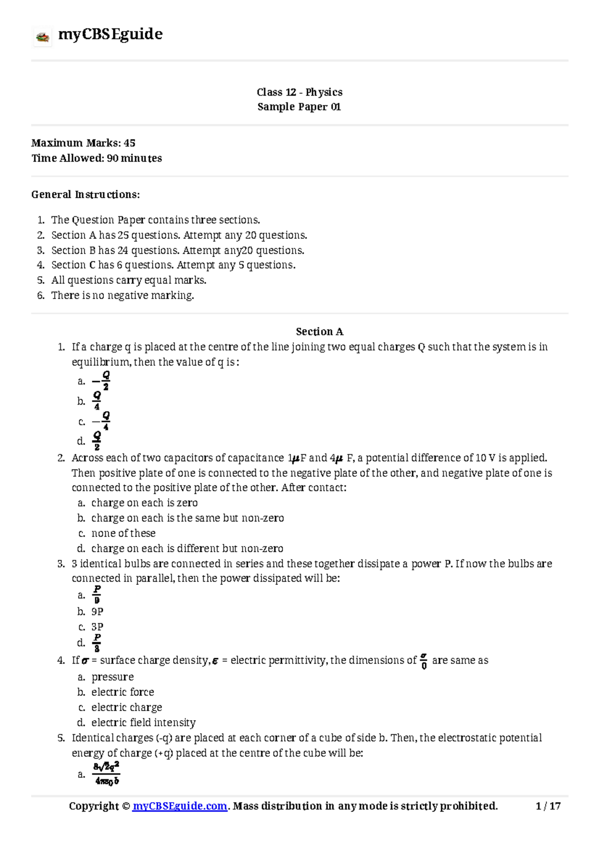 12 physics sp01 - Class 12 - Physics Sample Paper 01 Maximum Marks: 45 ...