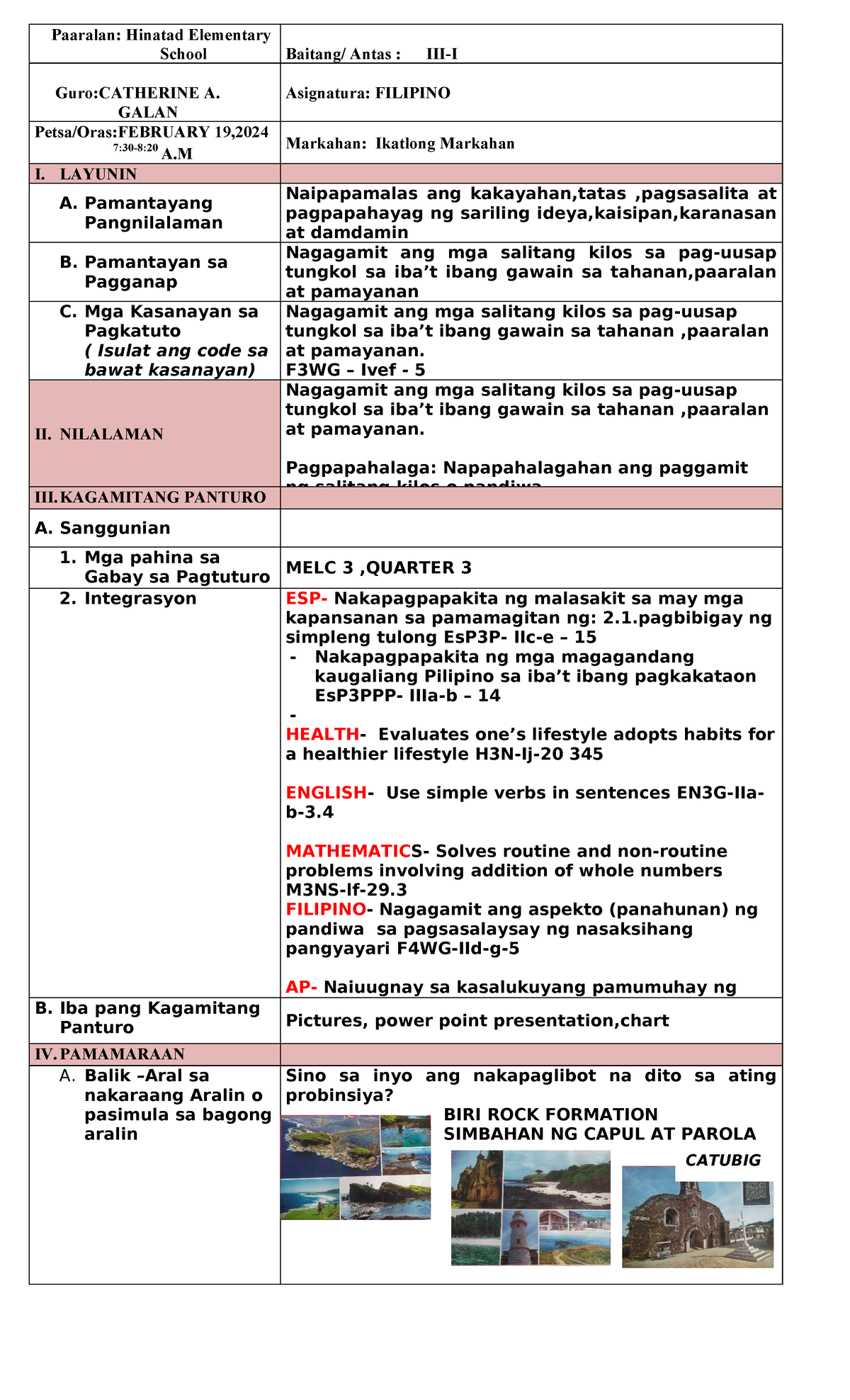 Grade 3 COT -1 Filipino Pandiwa Q3 - Paaralan: Hinatad Elementary ...