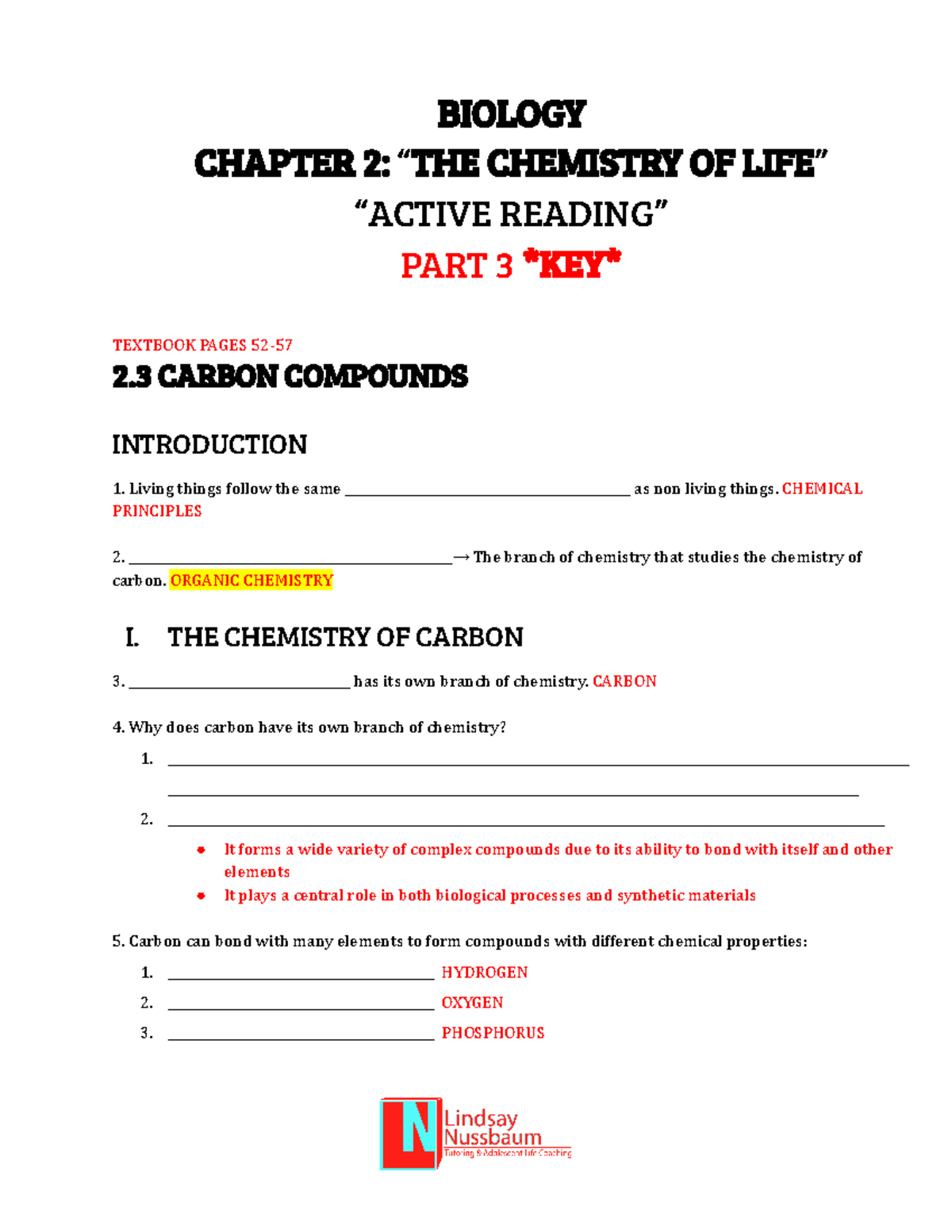 Bio Ch 2, Pt 3 Active Reading KEY - BIOLOGY CHAPTER 2: “THE CHEMISTRY OF LIFE” “ACTIVE READING ...