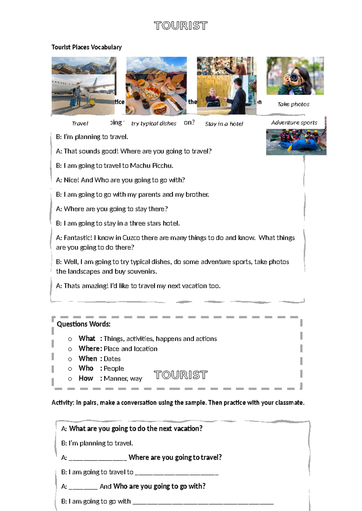 Tourist places conversation - Tourist Places Vocabulary In Pairs: Read ...