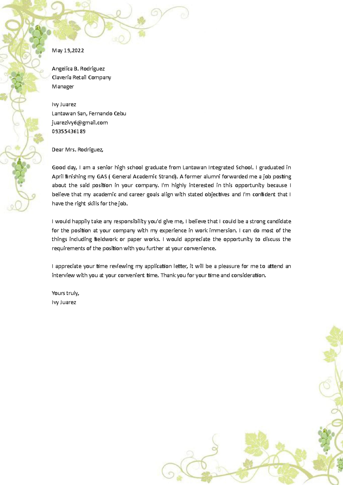 Application letter - Ang bait ko raw dahil si ate at kuya ay matanda ay ...