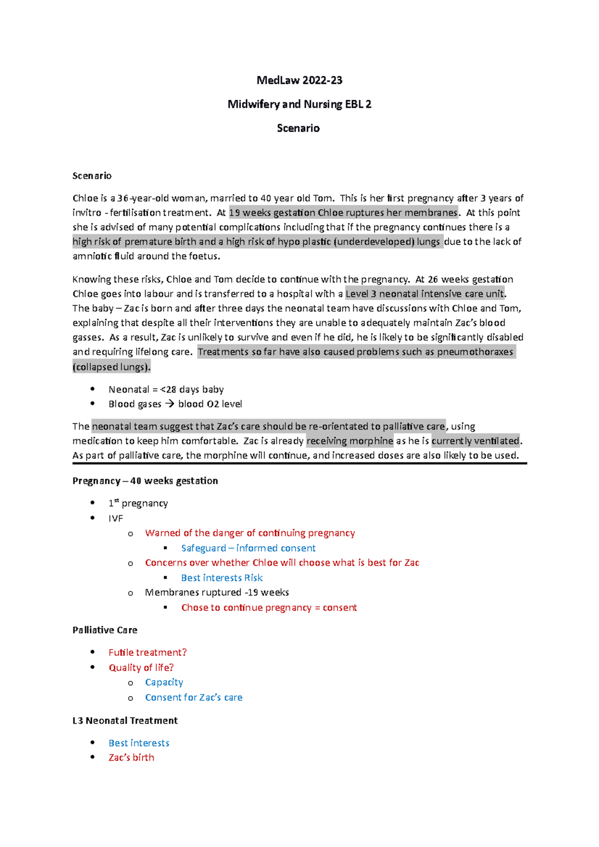 Med Law 2022-23 Midwifery EBL 2 scenario - MedLaw 2022- Midwifery and ...