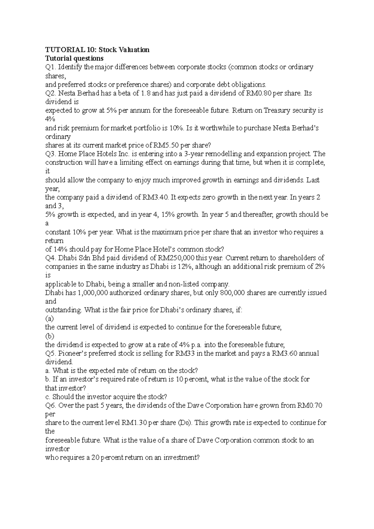Tutorial 10 Stock valuation - TUTORIAL 10: Stock Valuation Tutorial ...
