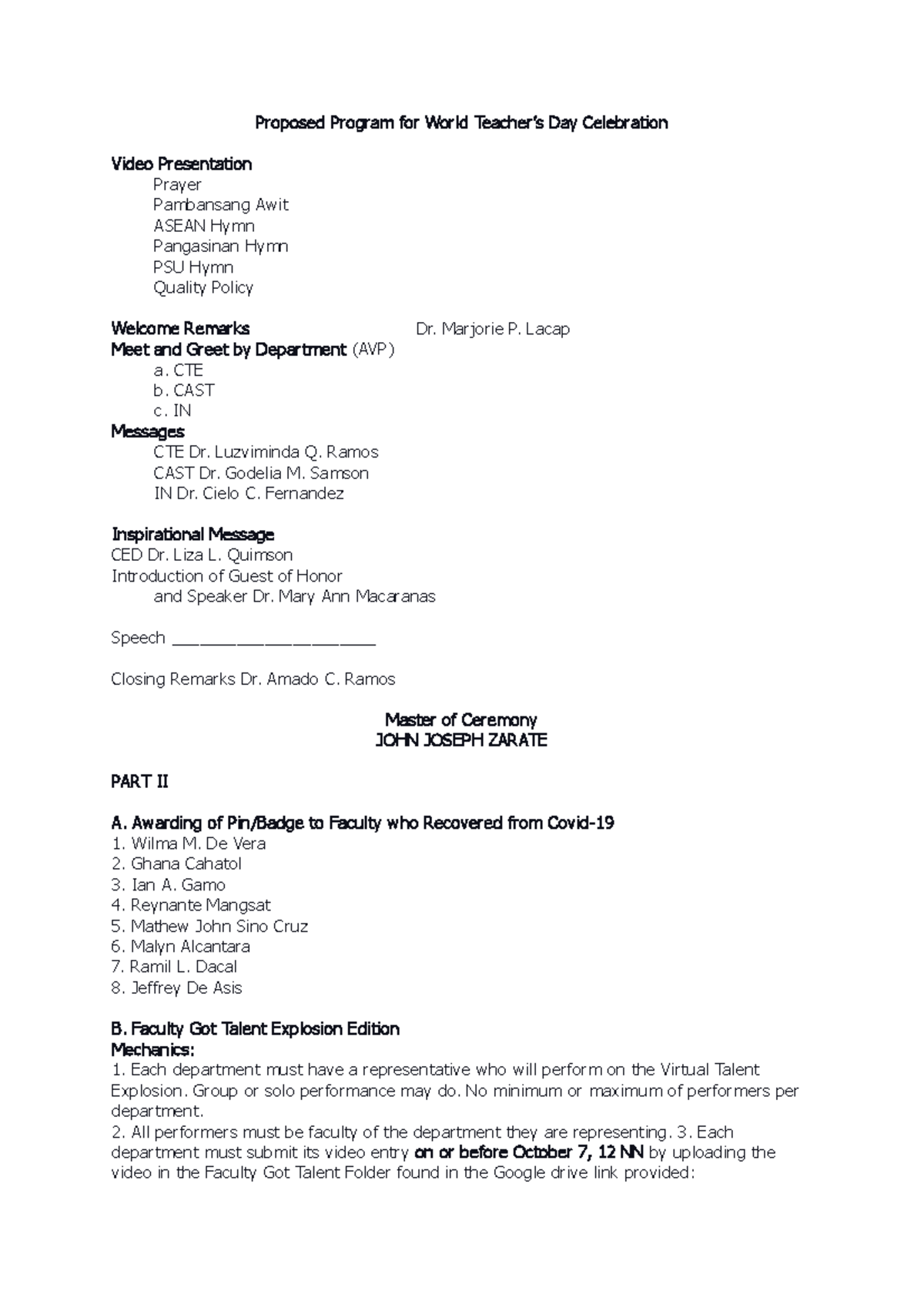 Proposed Program for 2021 World Teachers Day Celebration - Bachelor of ...