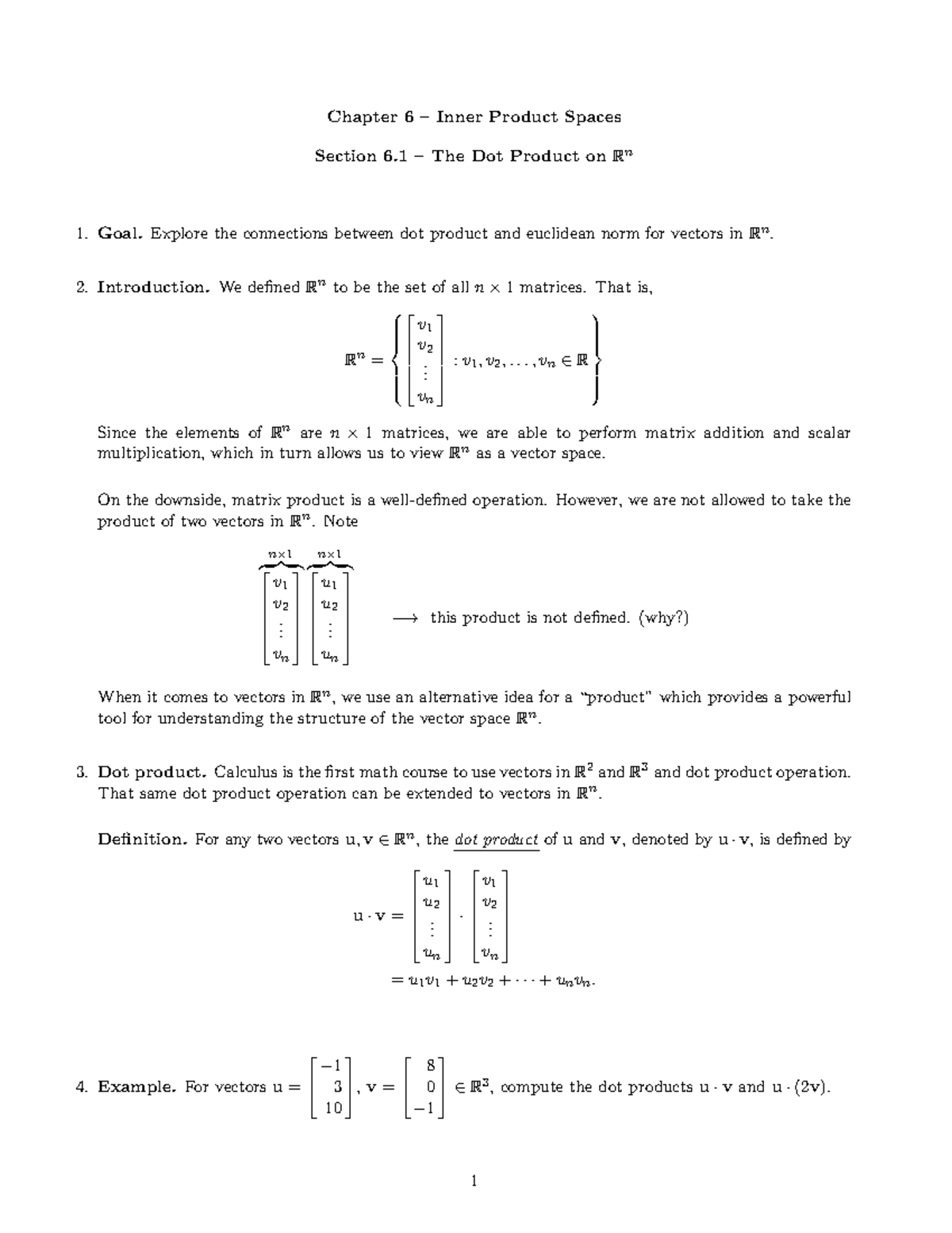 MATH 3100 Section 6.1 post - Chapter 6 – Inner Product Spaces Section 6 – The Dot Product on R n ...