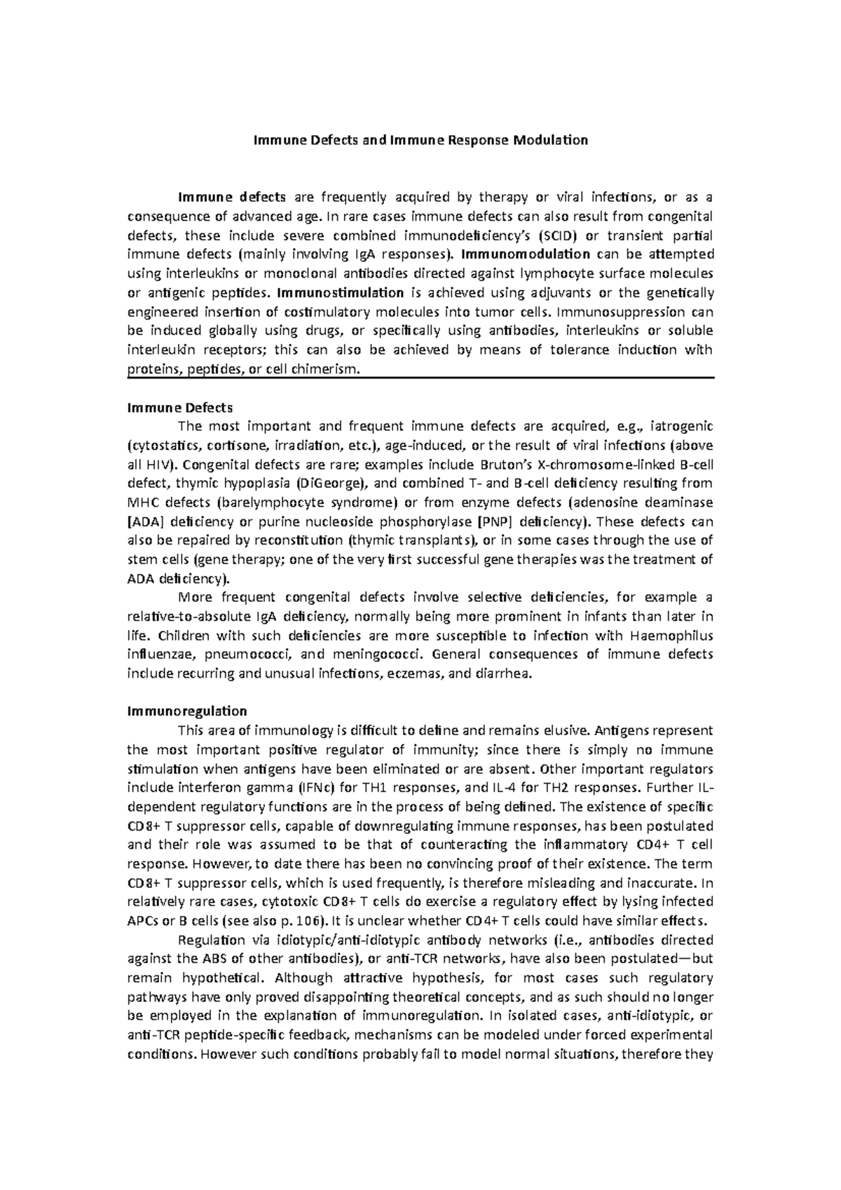 Notes - Immune Defects and Response Modulation - Immune Defects and ...