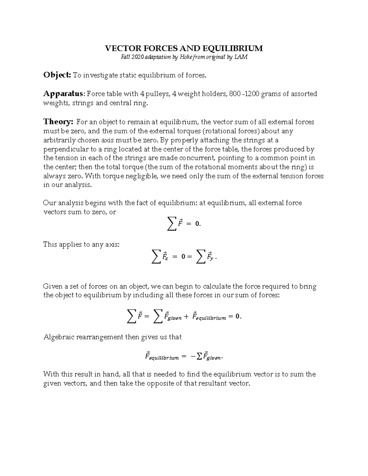 P1 Lab 03 Vector Equilibrium - VECTOR FORCES AND EQUILIBRIUM Fall 2020 adaptation by Hoke from ...