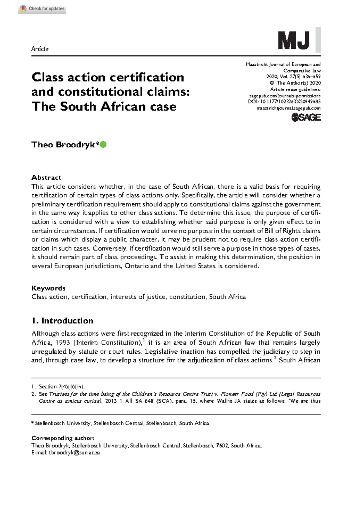 Class action and constitunality in SA - Article Class action ...