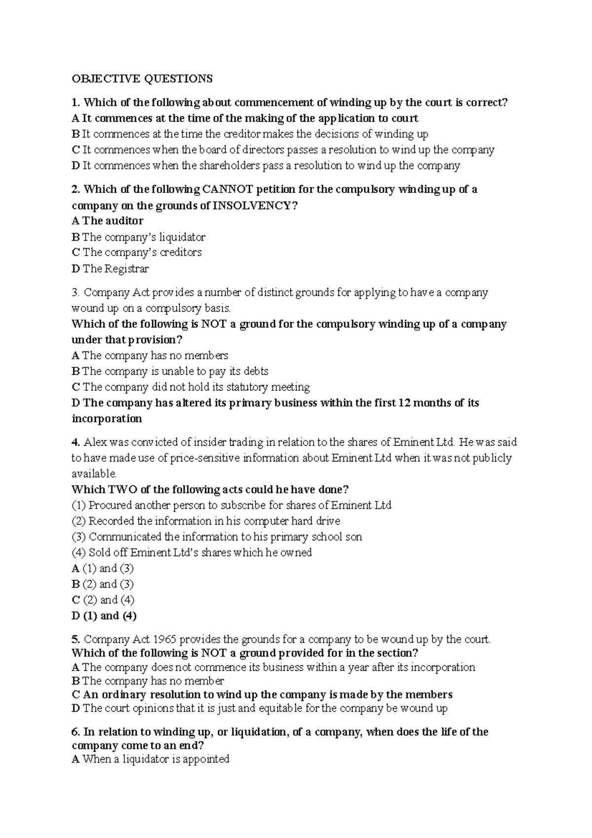 Insovency Answer - Compile of QNA of ACCA business and Company law ...