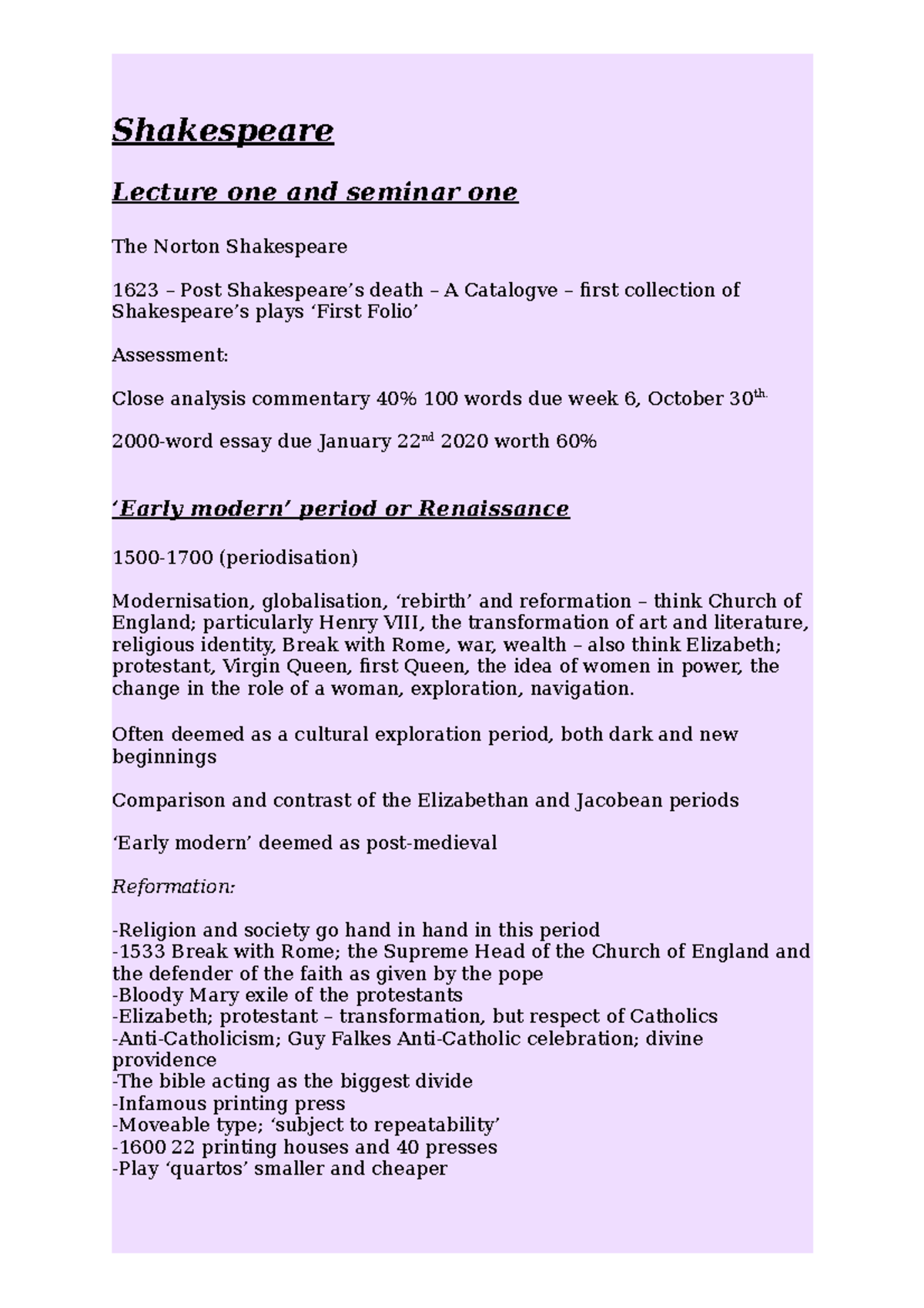 Shakespeare - Lecture notes All lectures and seminars up to week 7 ...