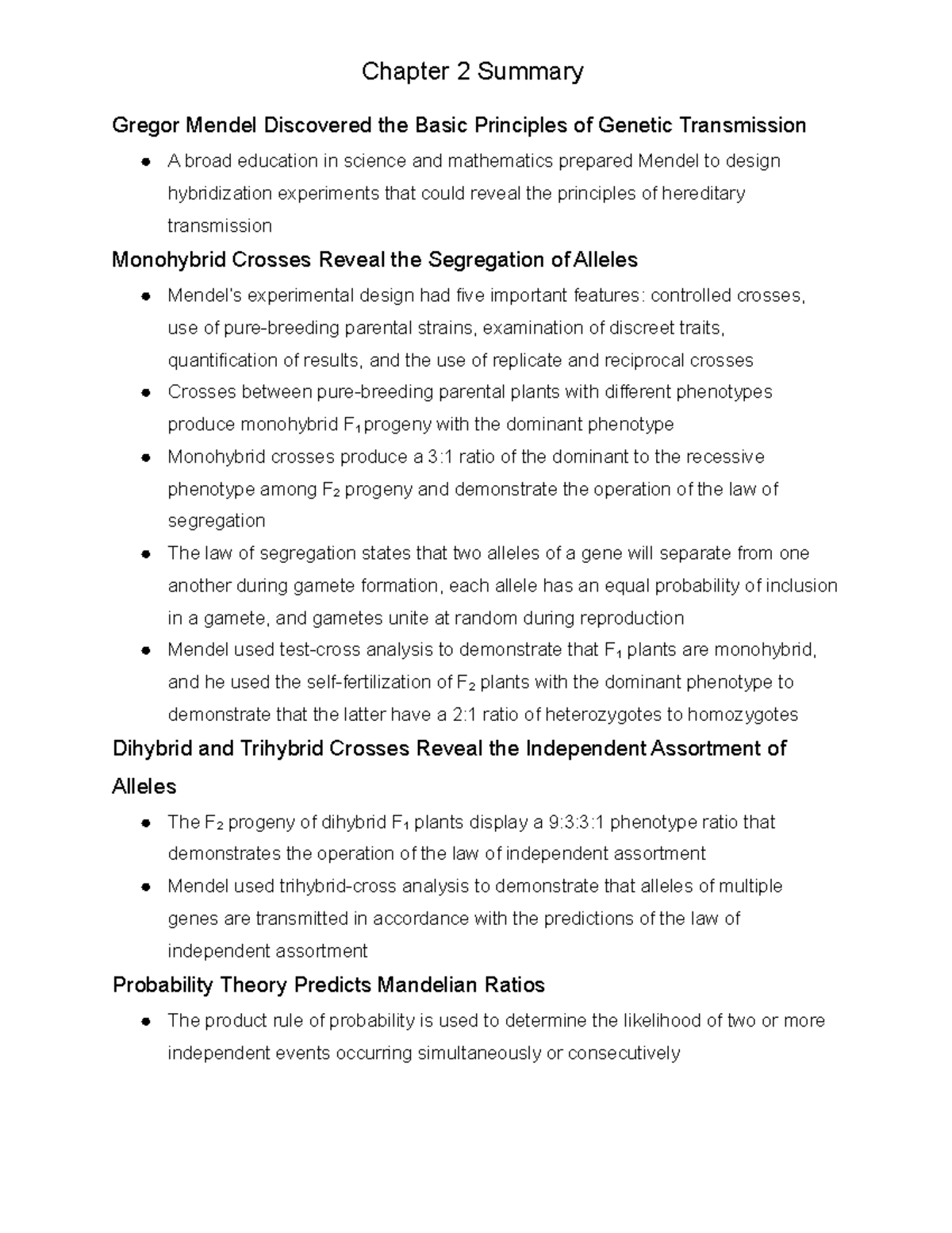 Chapter 2 Summary - Chapter 2 Summary Gregor Mendel Discovered the ...
