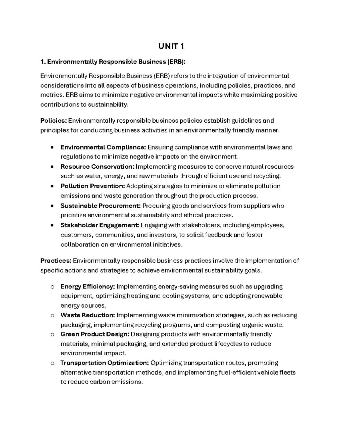 Document 1 - UNIT 1 Environmentally Responsible Business (ERB ...