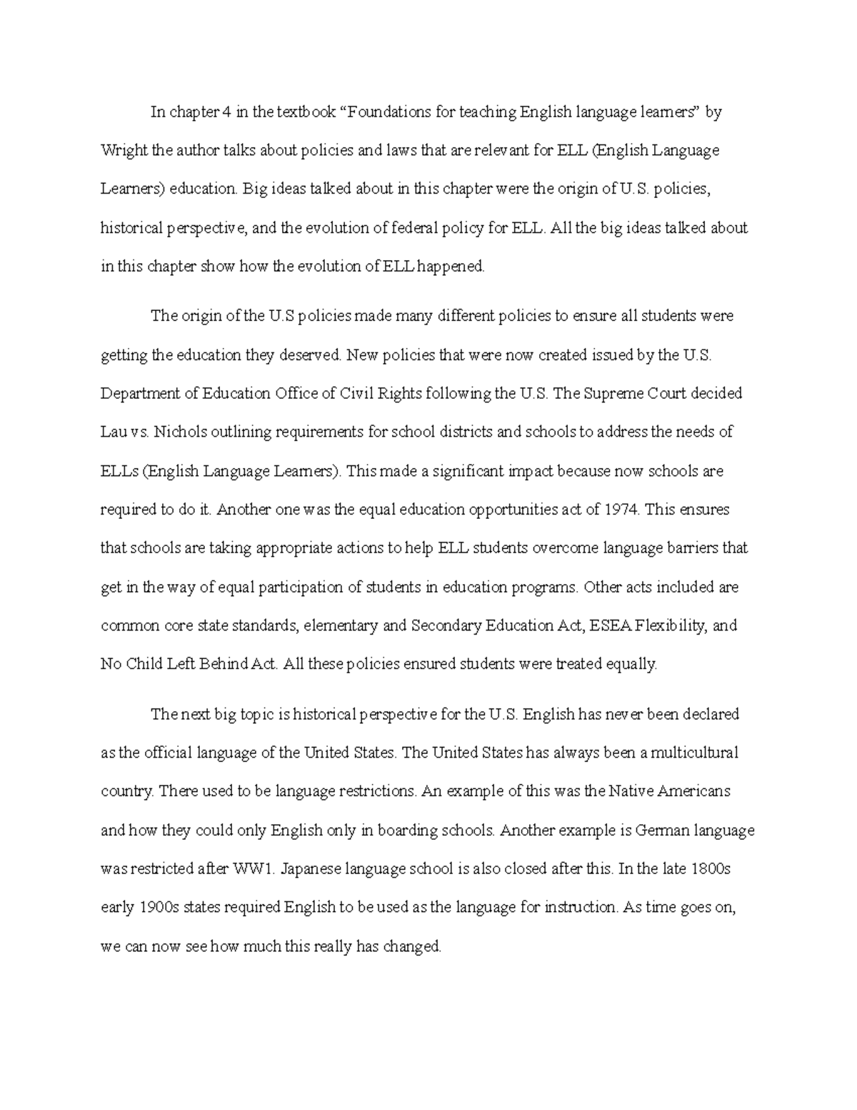 ELL history - In chapter 4 in the textbook “Foundations for teaching ...