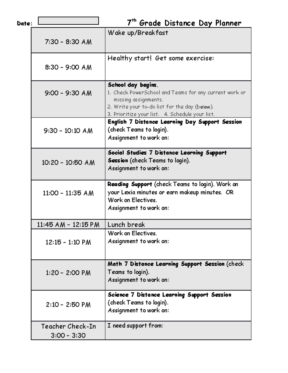 7th Grade Distance Day Planner CTE2013 - Date: 7 th Grade Distance Day ...