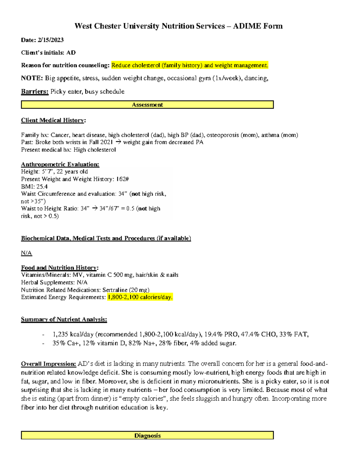 ADIME Report AD - West Chester University Nutrition Services – ADIME ...