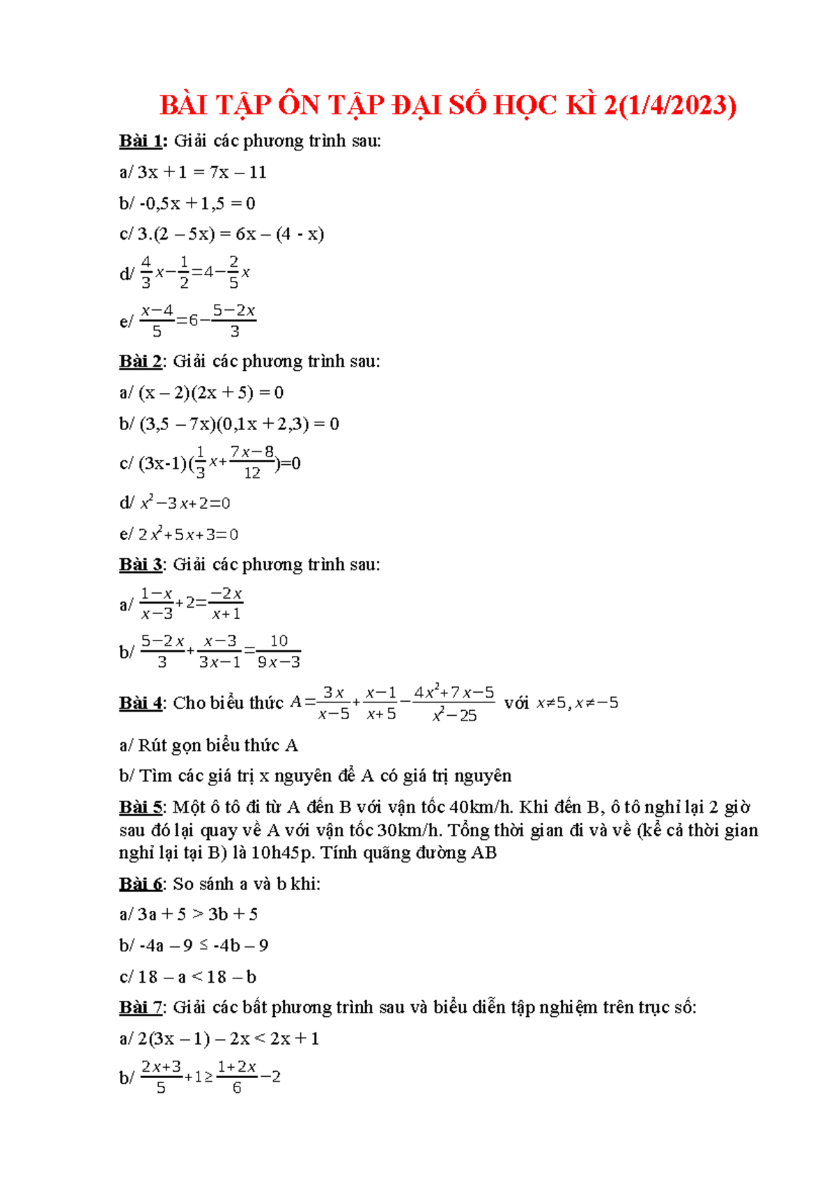 nkkjnkmn njkm njkm n - BÀI TẬP ÔN TẬP ĐẠI SỐ HỌC KÌ 2(1/4/2023) Bài 1 ...