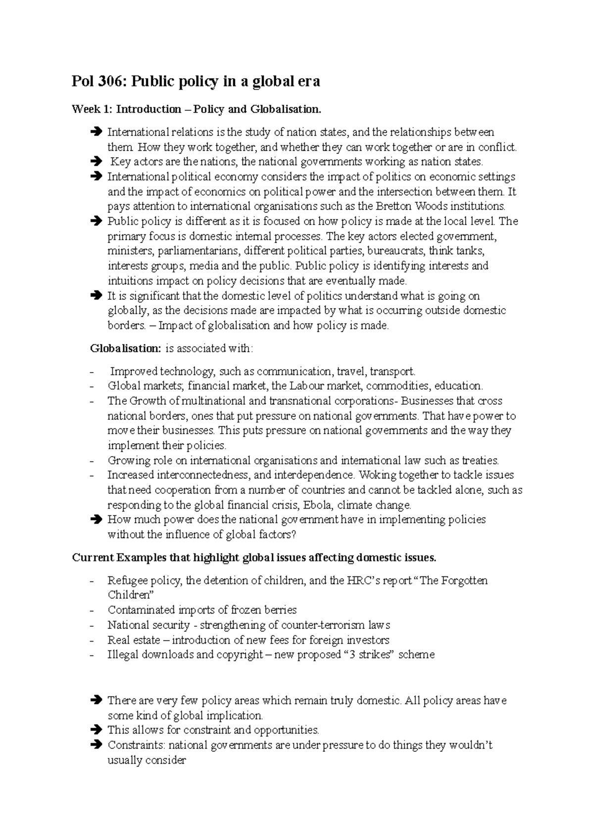 Lecture notes, lectures 1-4 - Pol 306: Public policy in a global era ...