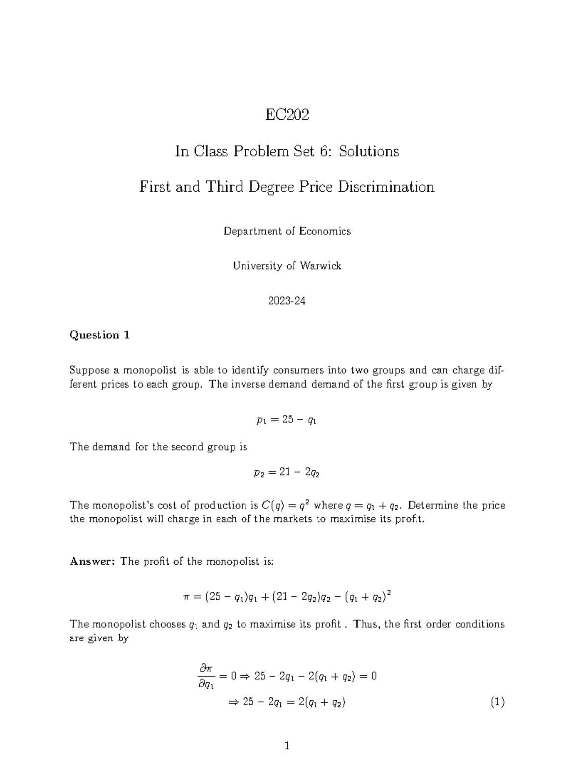 In Class Problem Set 6 Week 8 Solutions - EC In Class Problem Set 6: Solutions First and Third ...