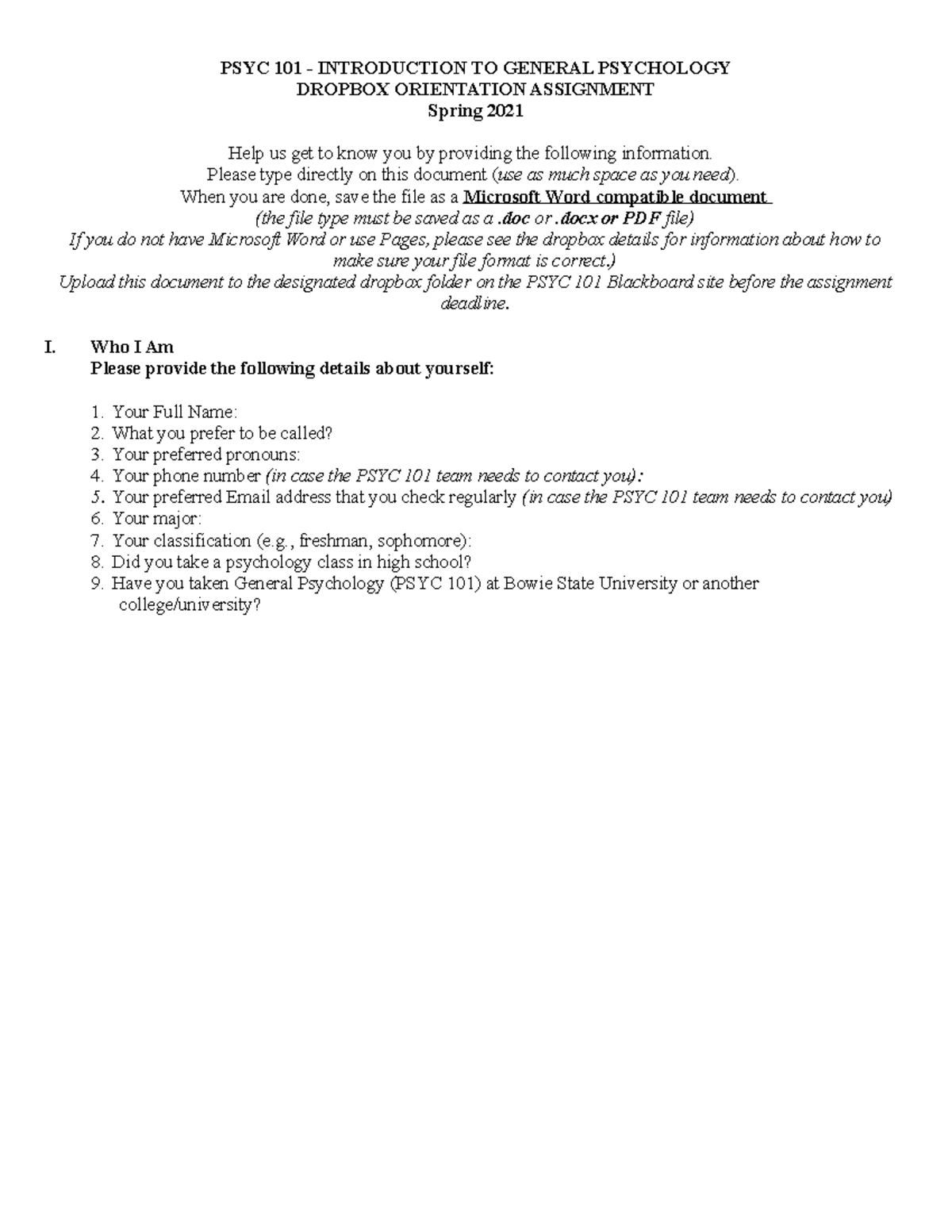 Bb Dropbox Orientation Assignment - PSYC 101 - INTRODUCTION TO GENERAL ...