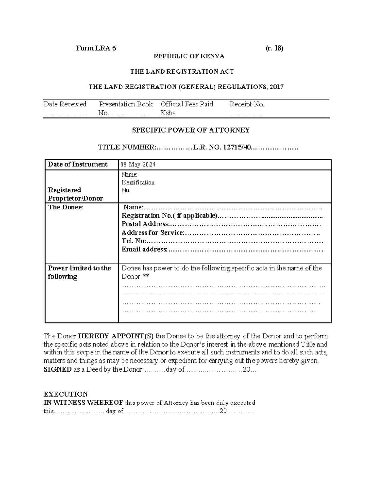Form LRA 6 Specific Power OF Attorney - Form LRA 6 (r. 18) REPUBLIC OF ...