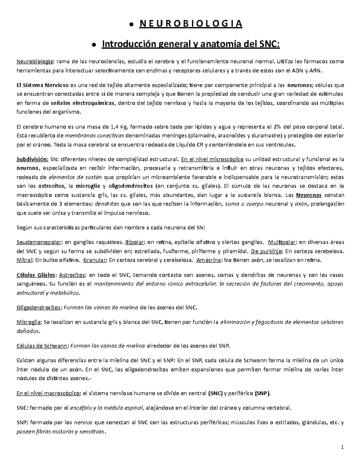 Resumen Neurobiología Final - N E U R O B I O L O G I A Introducción general y anatomía del SNC ...