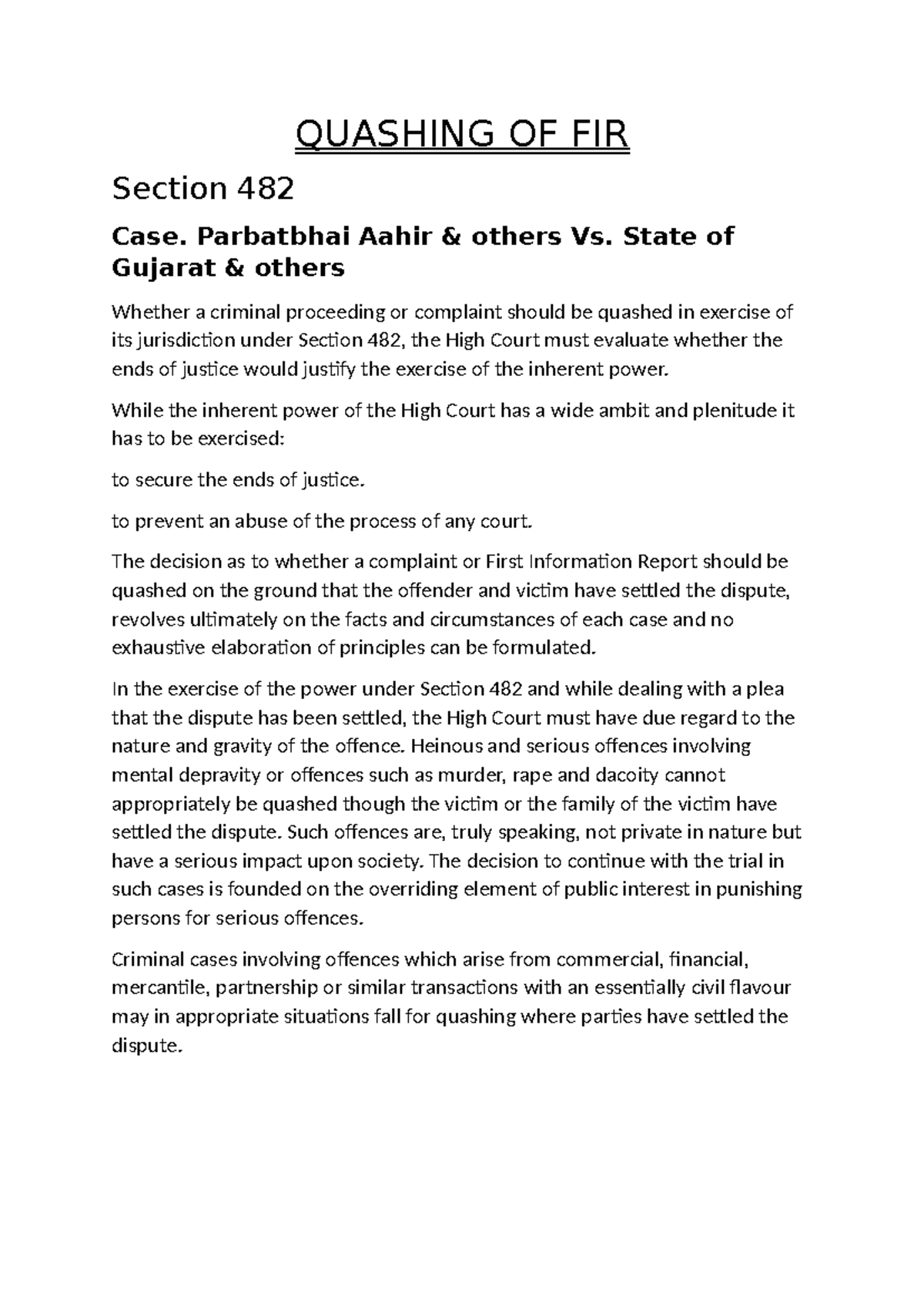 Quashing OF FIR - fIR - QUASHING OF FIR Section 482 Case. Parbatbhai ...