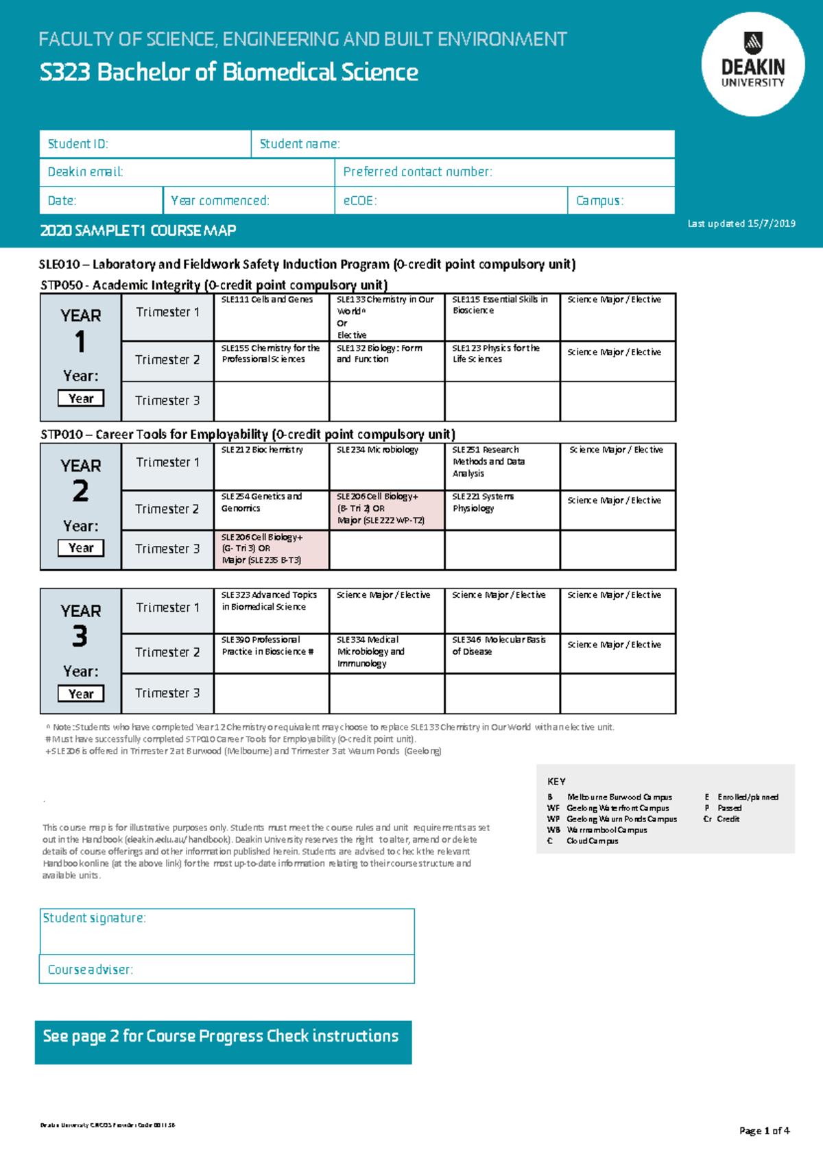 S323 2020 sample coursemap - S323 Bachelor of Biomedical Science 2020 ...